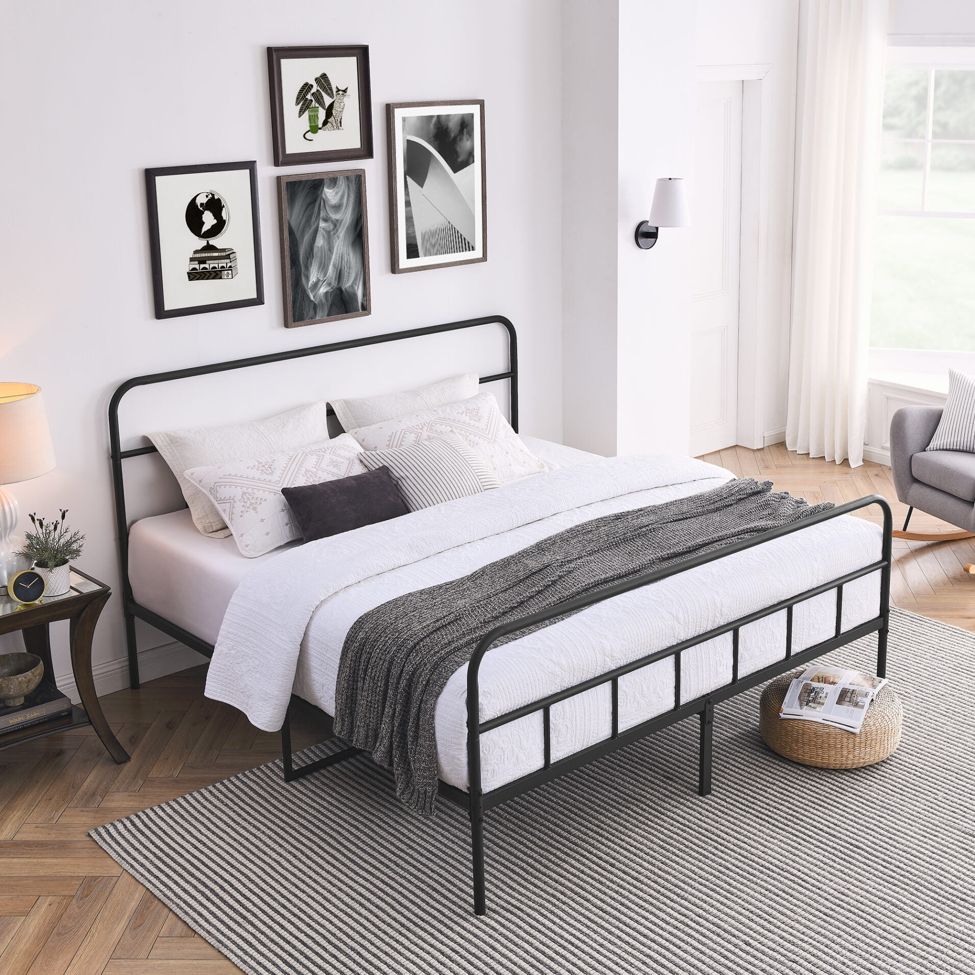 King Size Metal Bed, Iron Platform Bed Frame with Headboard and ...