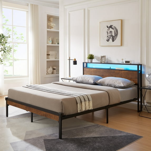 King Size Metal Platform Bed Frame with Wooden Headboard and Footboard ...