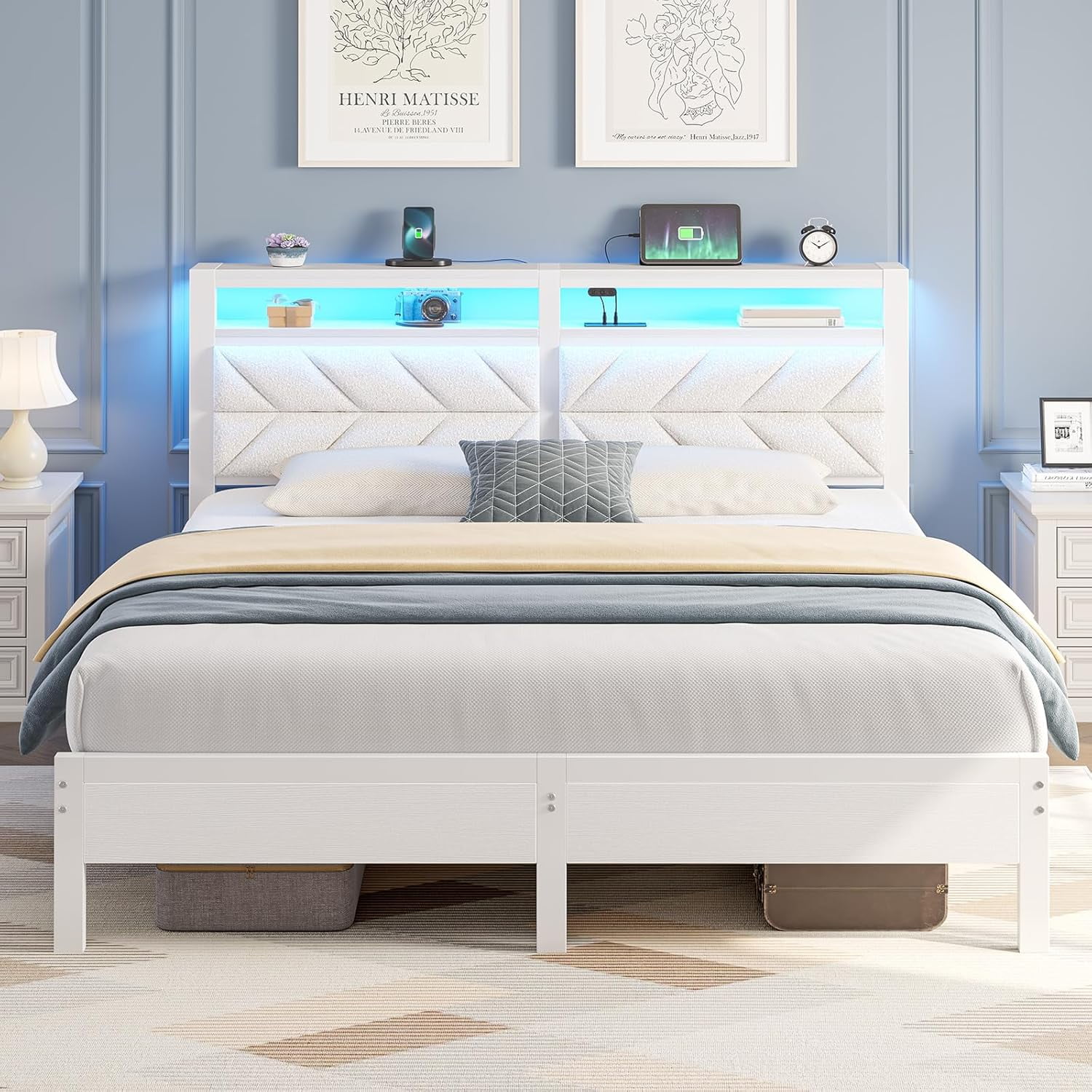King Size Metal & Wood Bed Frame with Storage, LED Lights No Box Spring ...