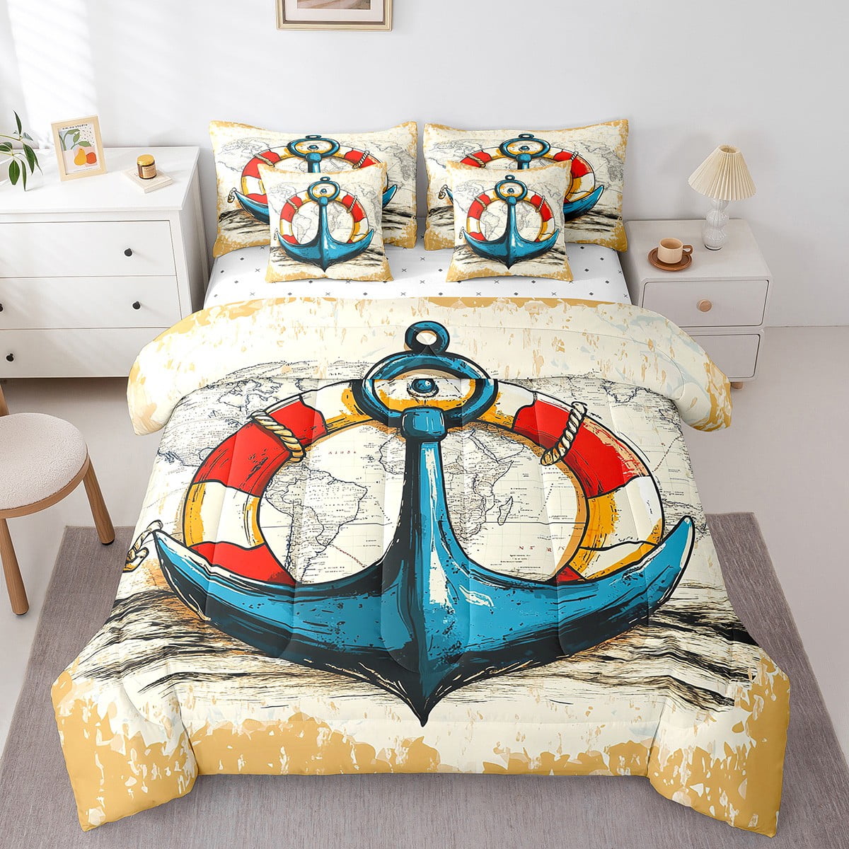 King Size Nautical Anchor Comforter Sets 7-Piece,Cartoon Anchor Bedding ...