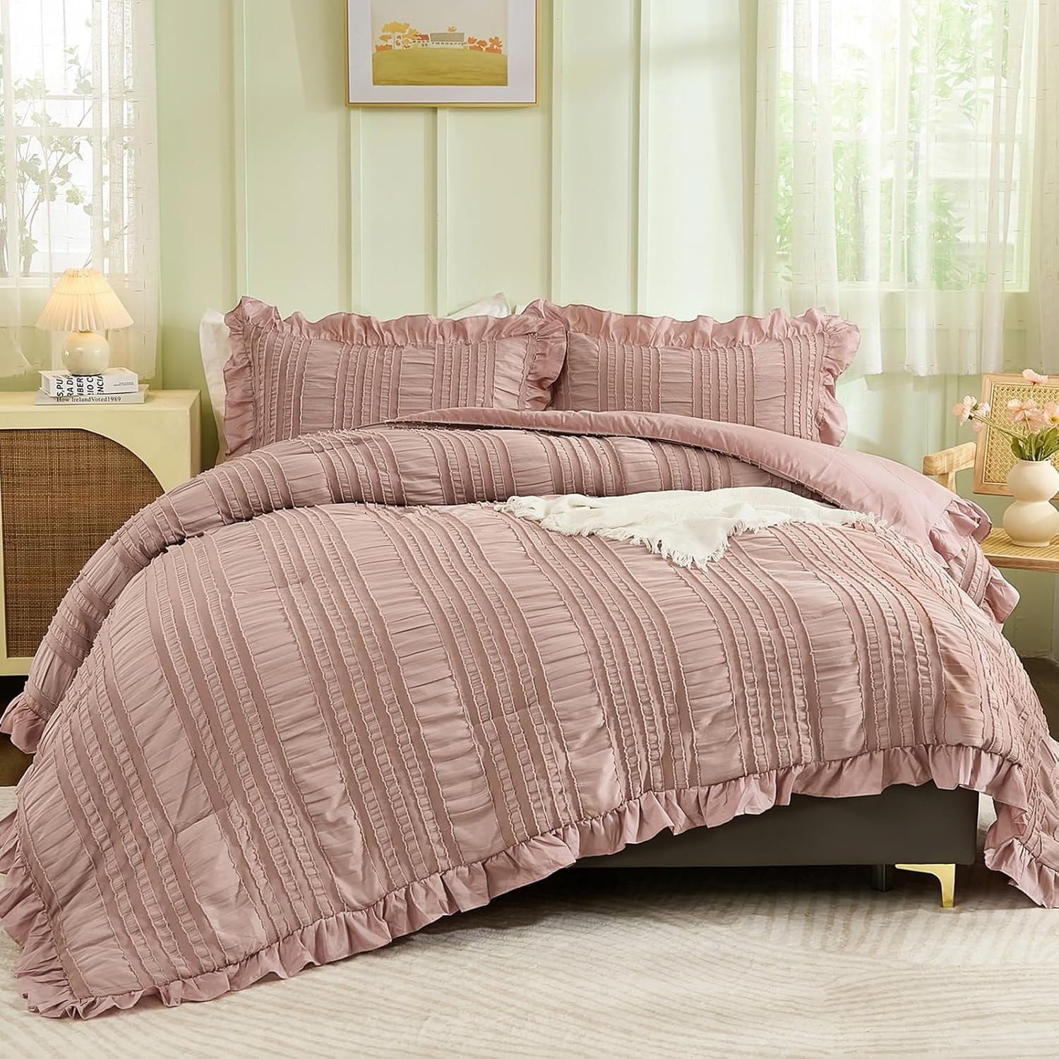 King Size Pink Comforter Set, 3 Pieces with Ruffle Farmhouse Shabby ...