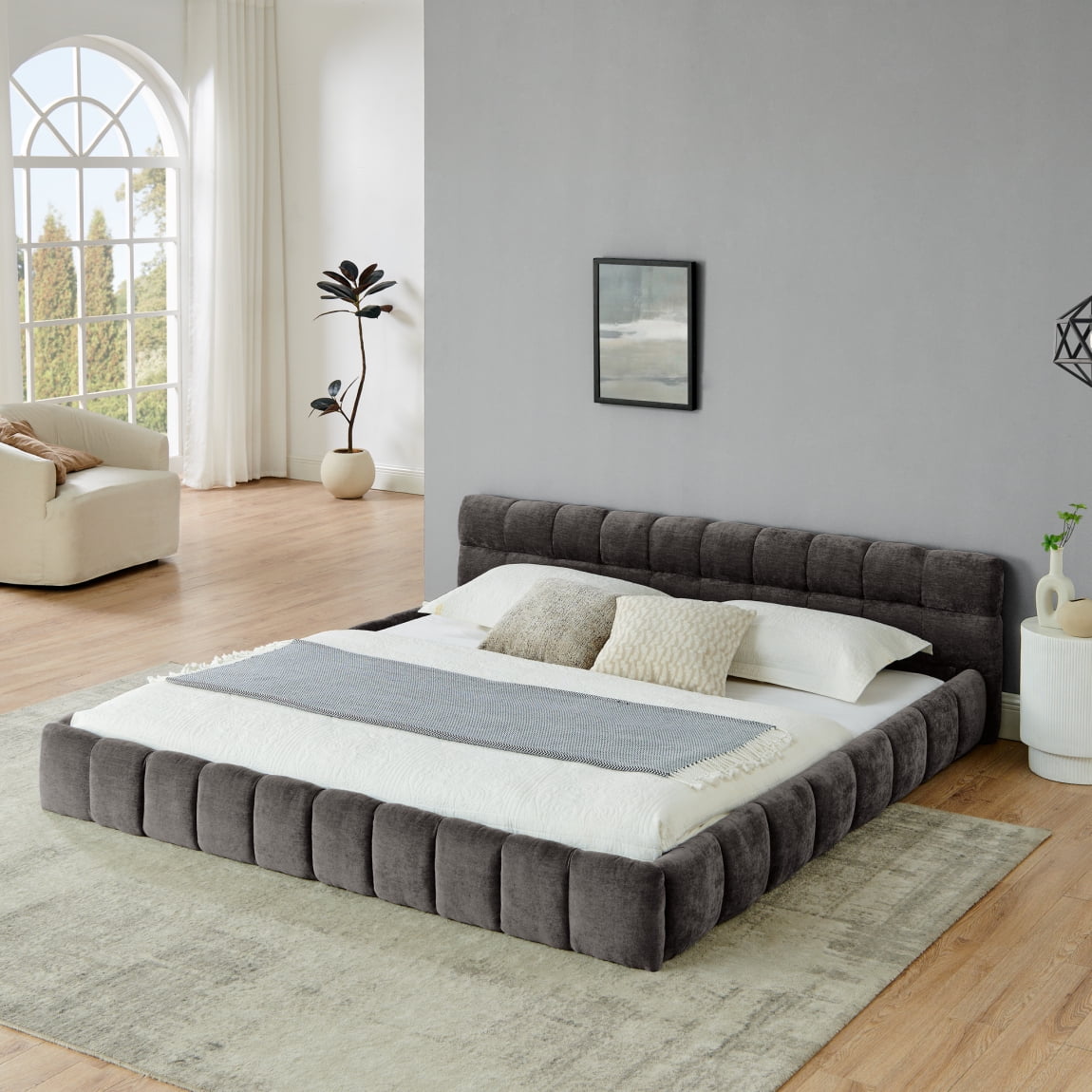 King Size Platform Bed, Chenille Upholstered Floor Bed with Channel Tufting, Solid MDF Frame ...