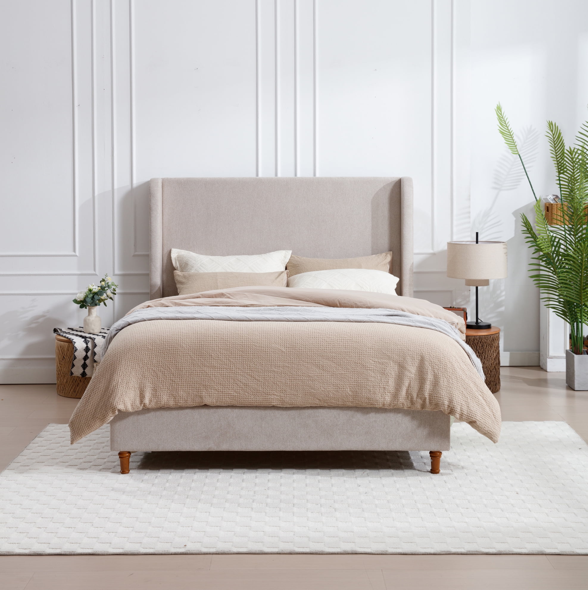 King Size Platform Bed, Elegant Bed Frame with Chenille Fabric, High Headboard, Wooden-slats ...