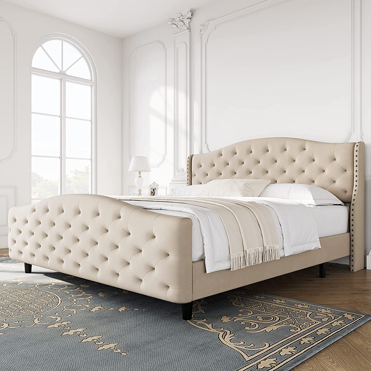 King Size Platform Bed Frame with Headboard and Footboard Velvet ...