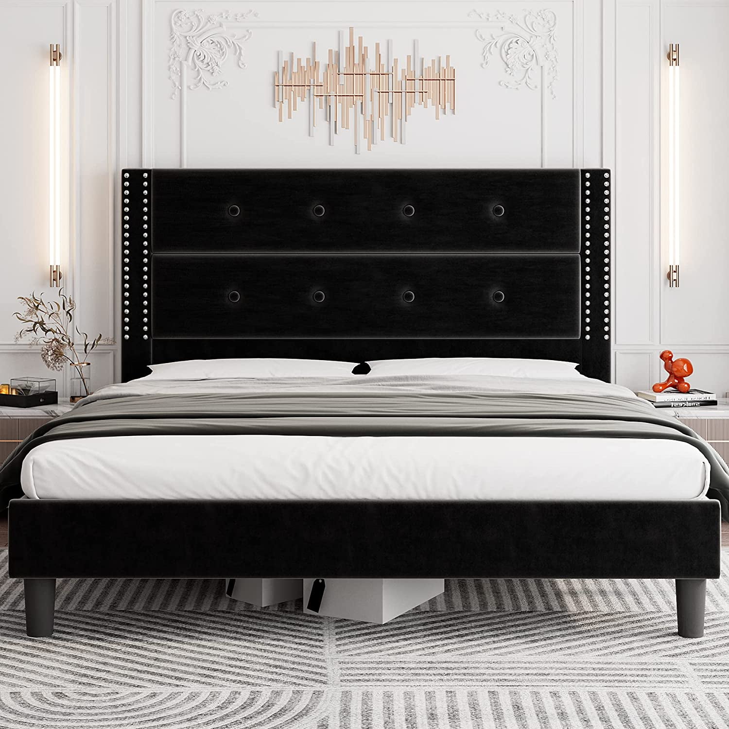 King Size Platform Bed Frame With Nailhead Trims Tufted Headboard