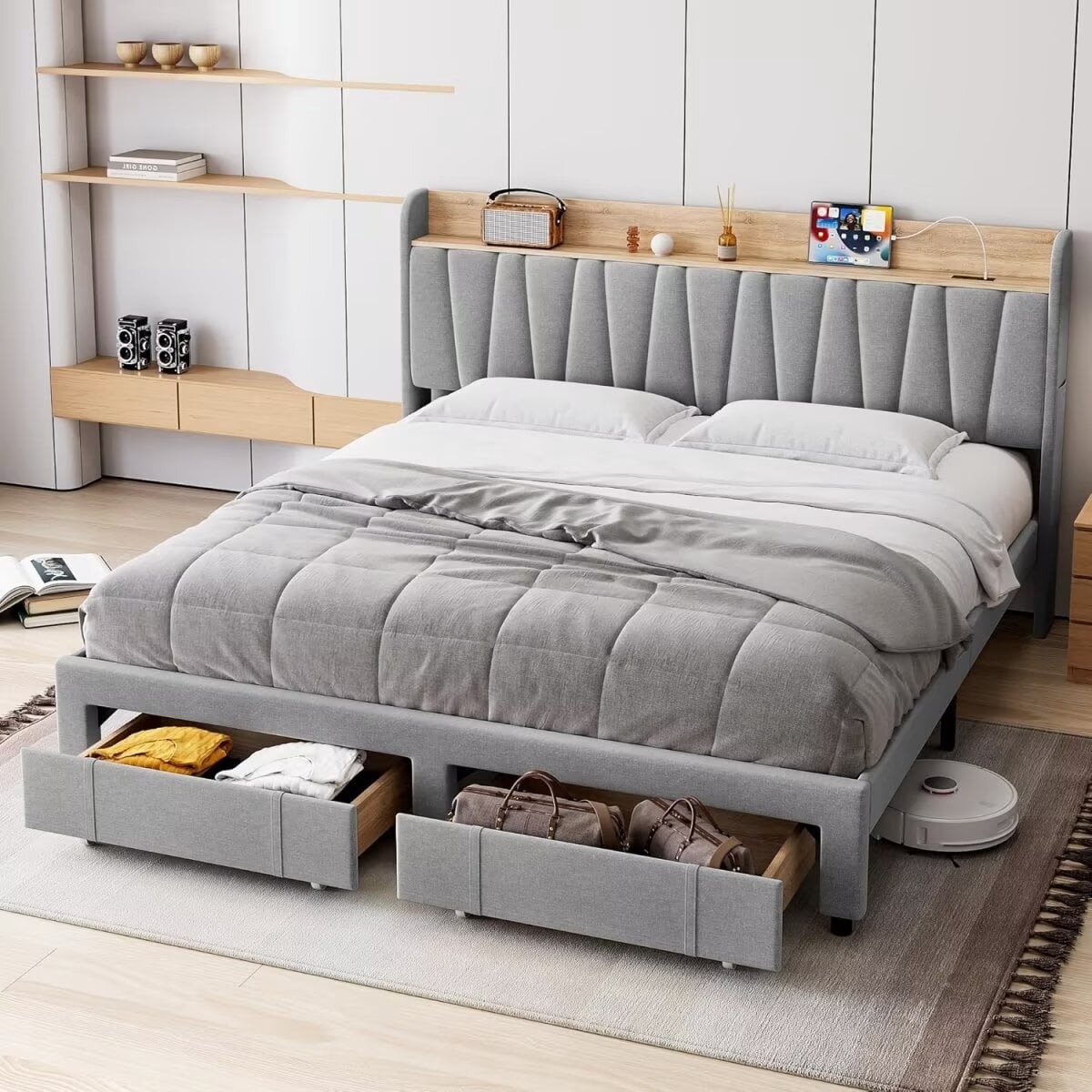 King Size Platform Bed Frame with Storage Headboard & Charging Station ...