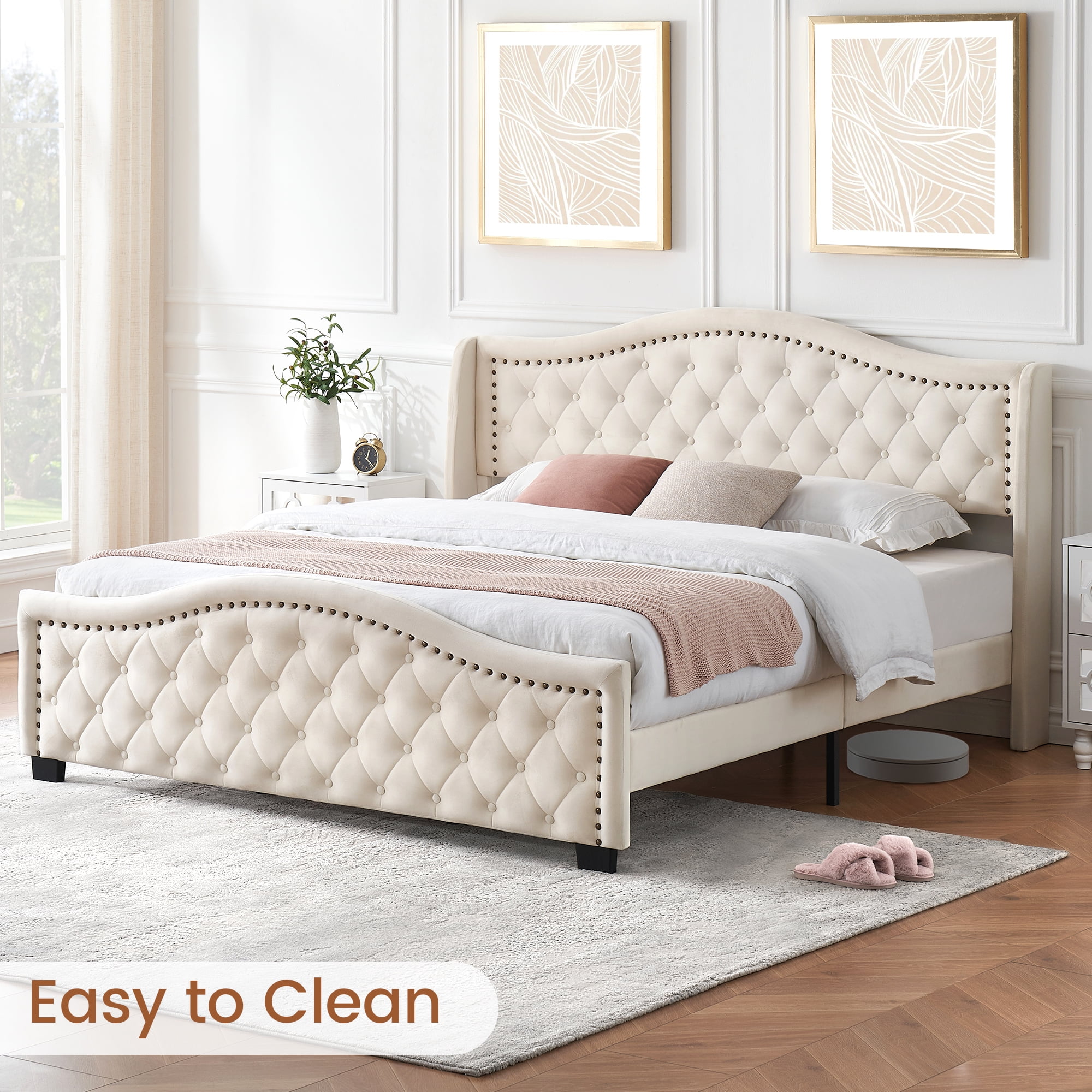 King Size Platform Bed Frame, Velvet Upholstered Bed with Nailhead Trim ...