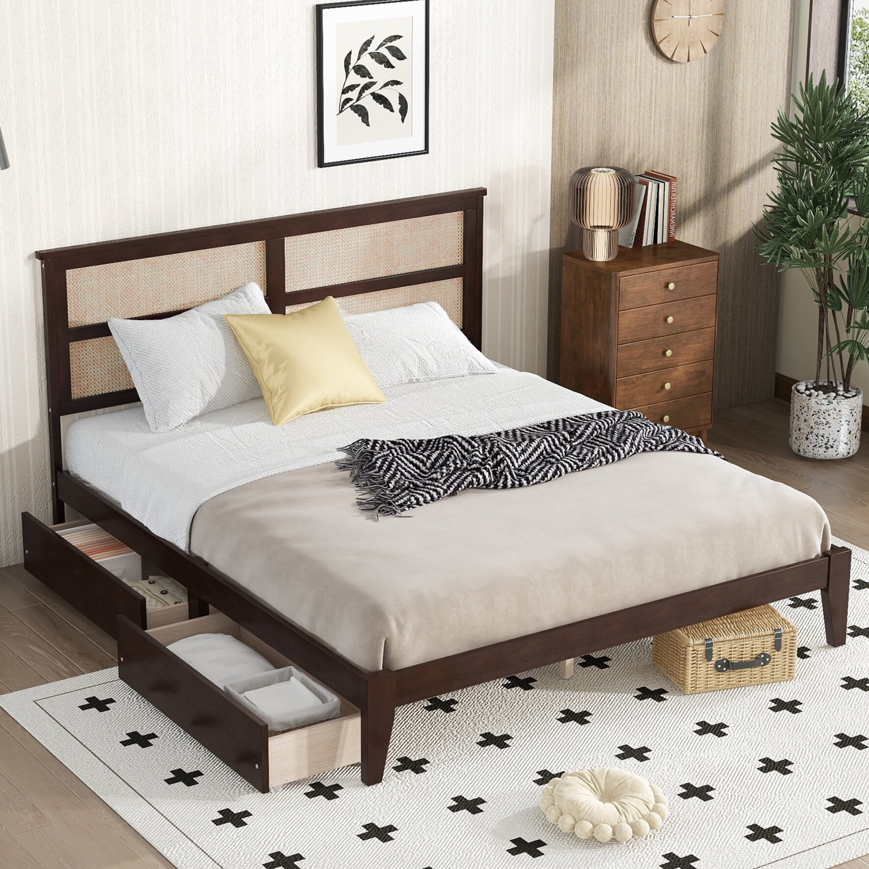 King Size Platform Bed Frame with 2 Storage Drawers & Rattan Headboard ...