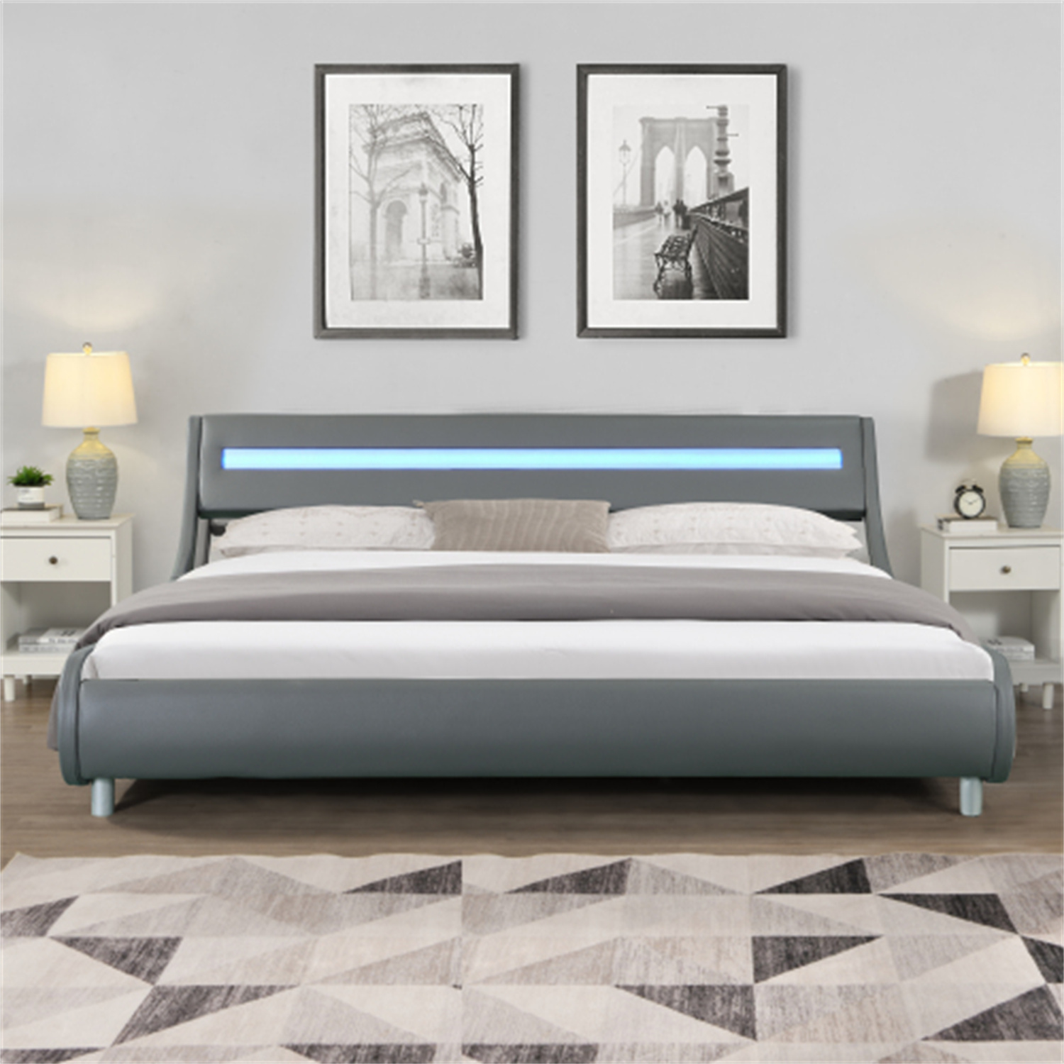 King Size Platform Bed with LED Light Headboard, Faux Leather ...