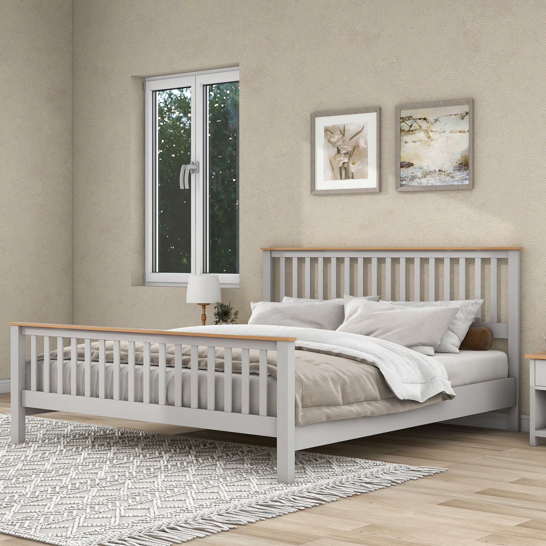 King Size Platform Bed, Solid Wood Country Bed Frame with Headboard and ...