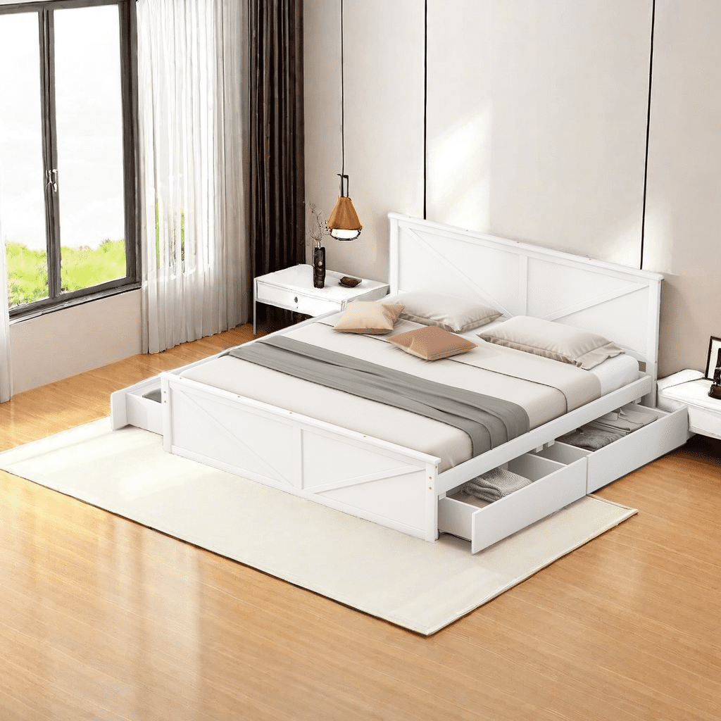 King Size Platform Bed with 4 Storage Drawers and Support Legs, Wood ...