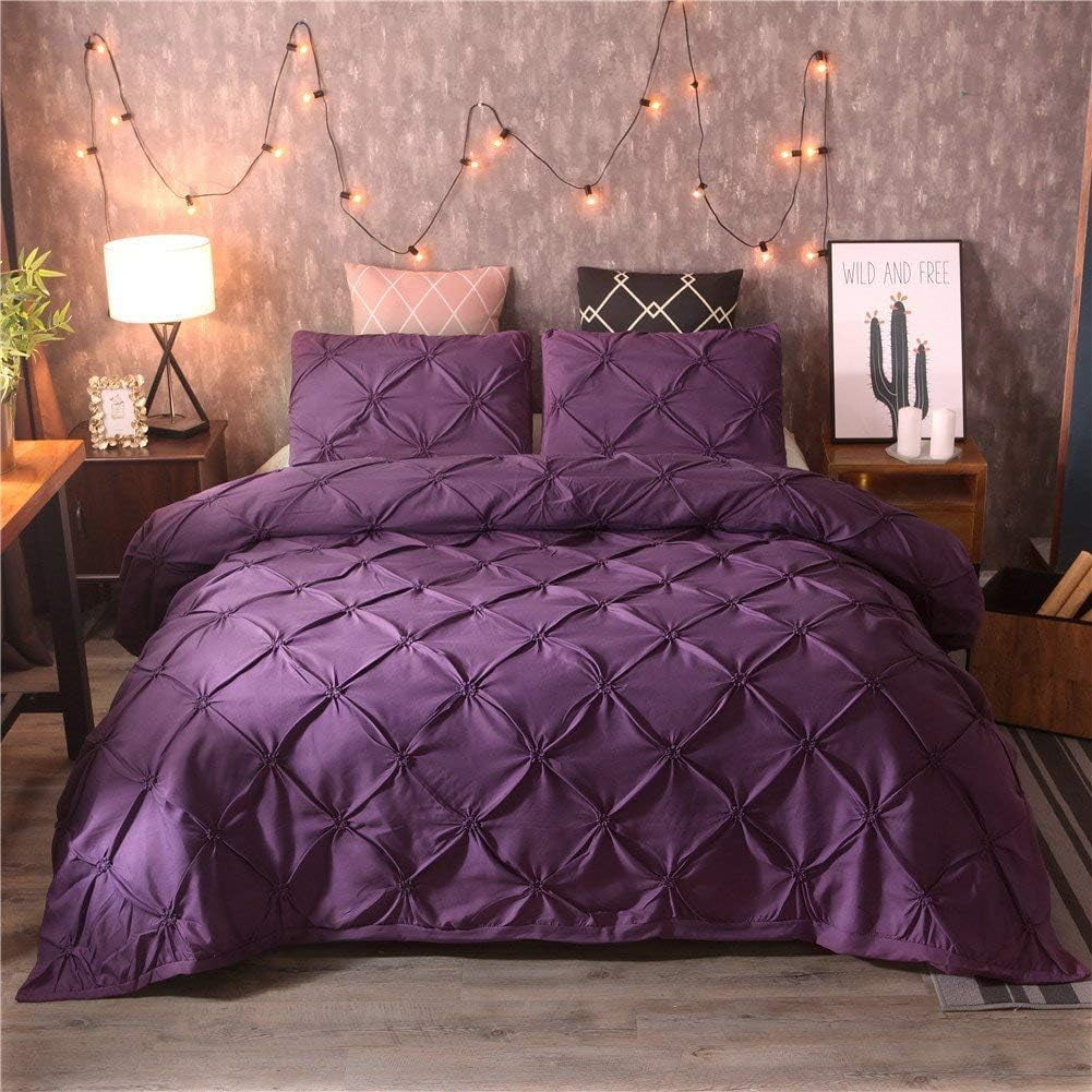 King Size Purple Pintuck Duvet Cover Set with Pinch Pleat Tufted Design ...