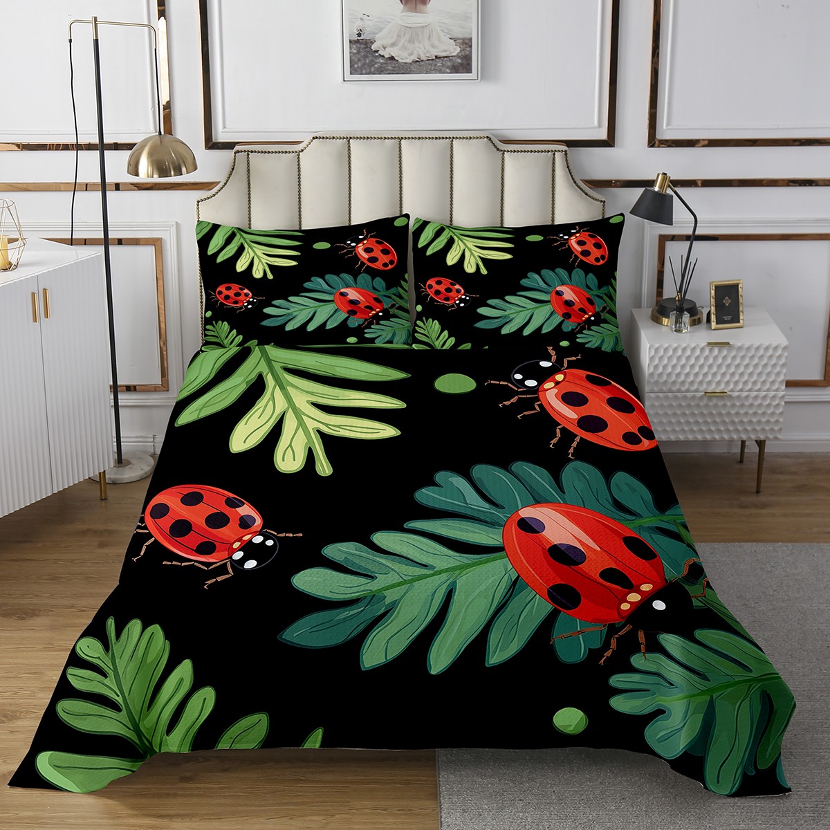 King Size Quilt Set With 2 Pillowcases, Cartoon Ladybug Bedspread Set ...