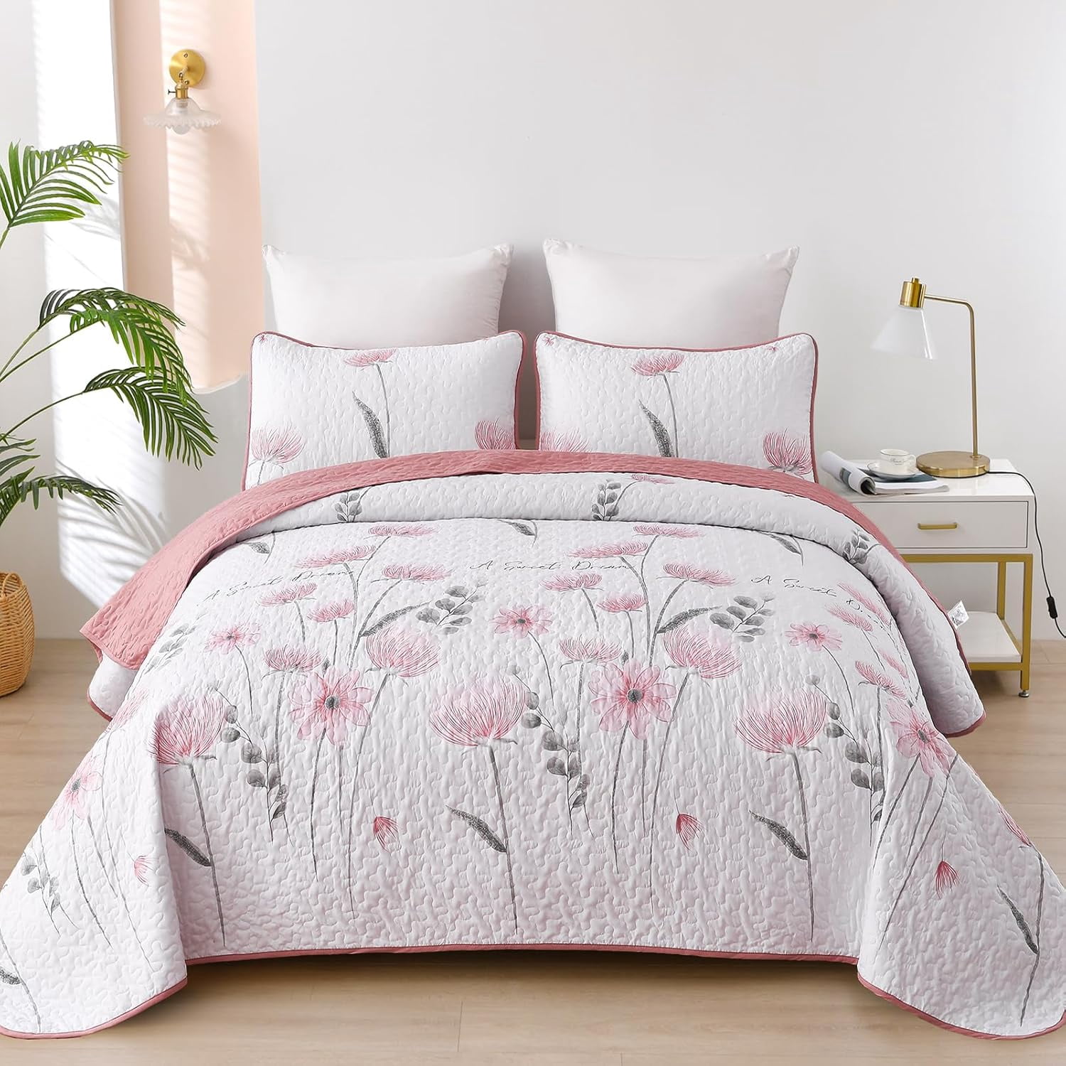 King Size Quilt Set Floral,3 Piece Pink/Blush Farmhouse Bedding Set ...
