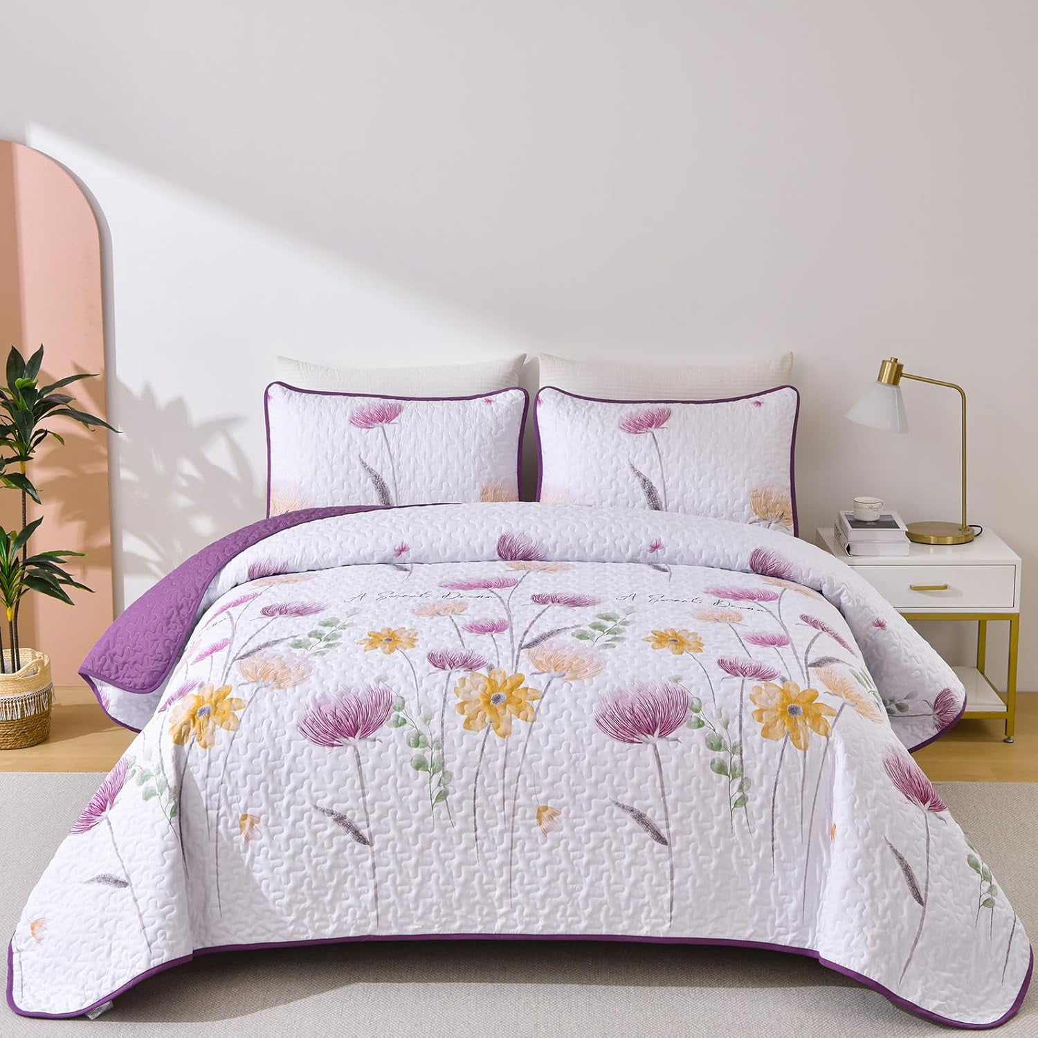King Size Quilt Set Floral,3 Pieces Purple Yellow Quilts Bedding Set Flower Bedspreads Bed Cover ...