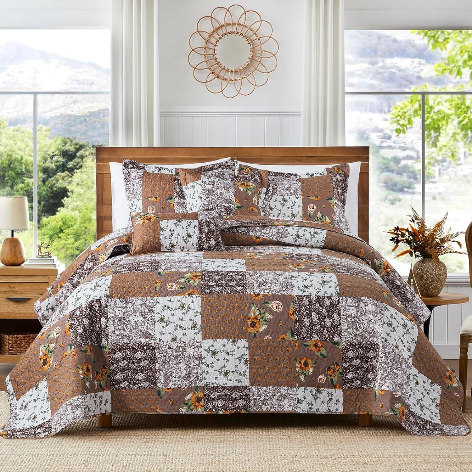 King Size Quilt Set, Patchwork King Quilt Bedding Set with Floral Plaid ...