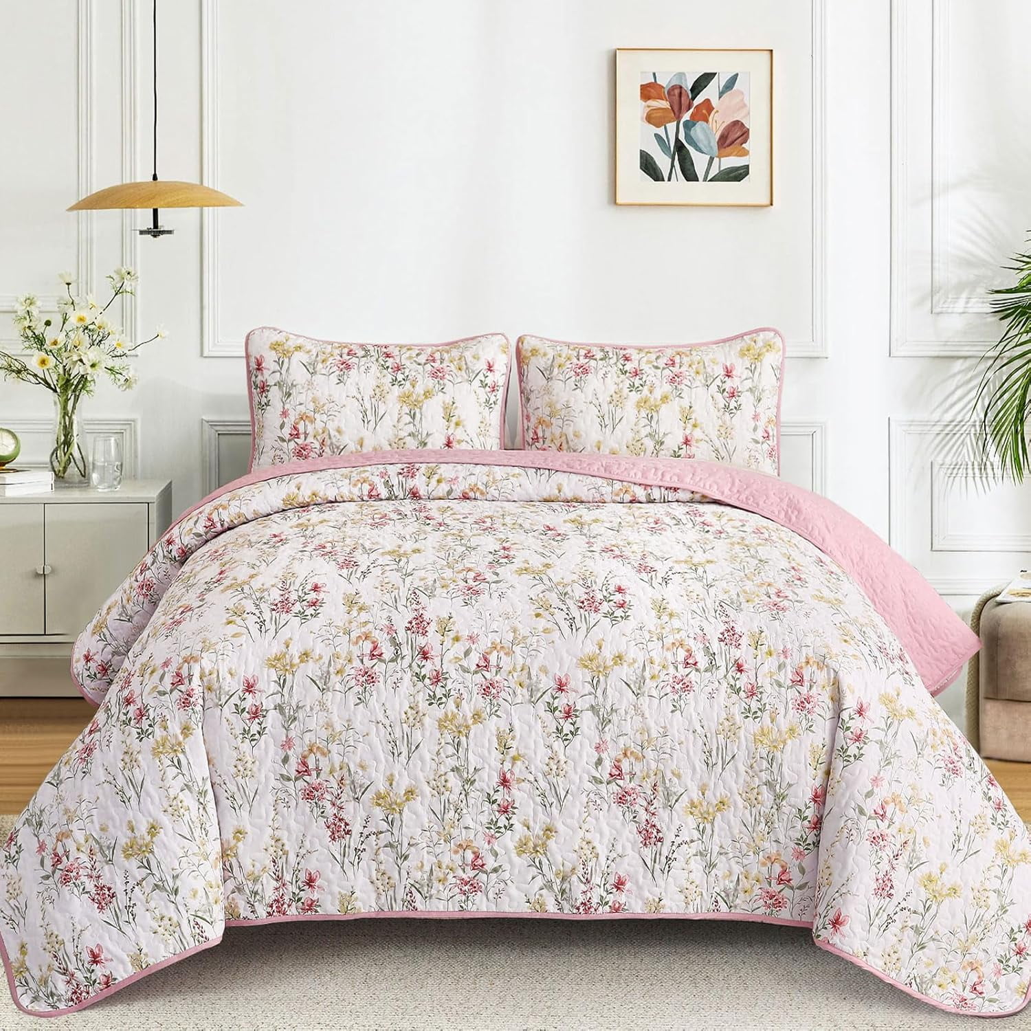 King Size Quilt Set, Pink Floral Pattern Quilt Bedding Set King, 3 ...