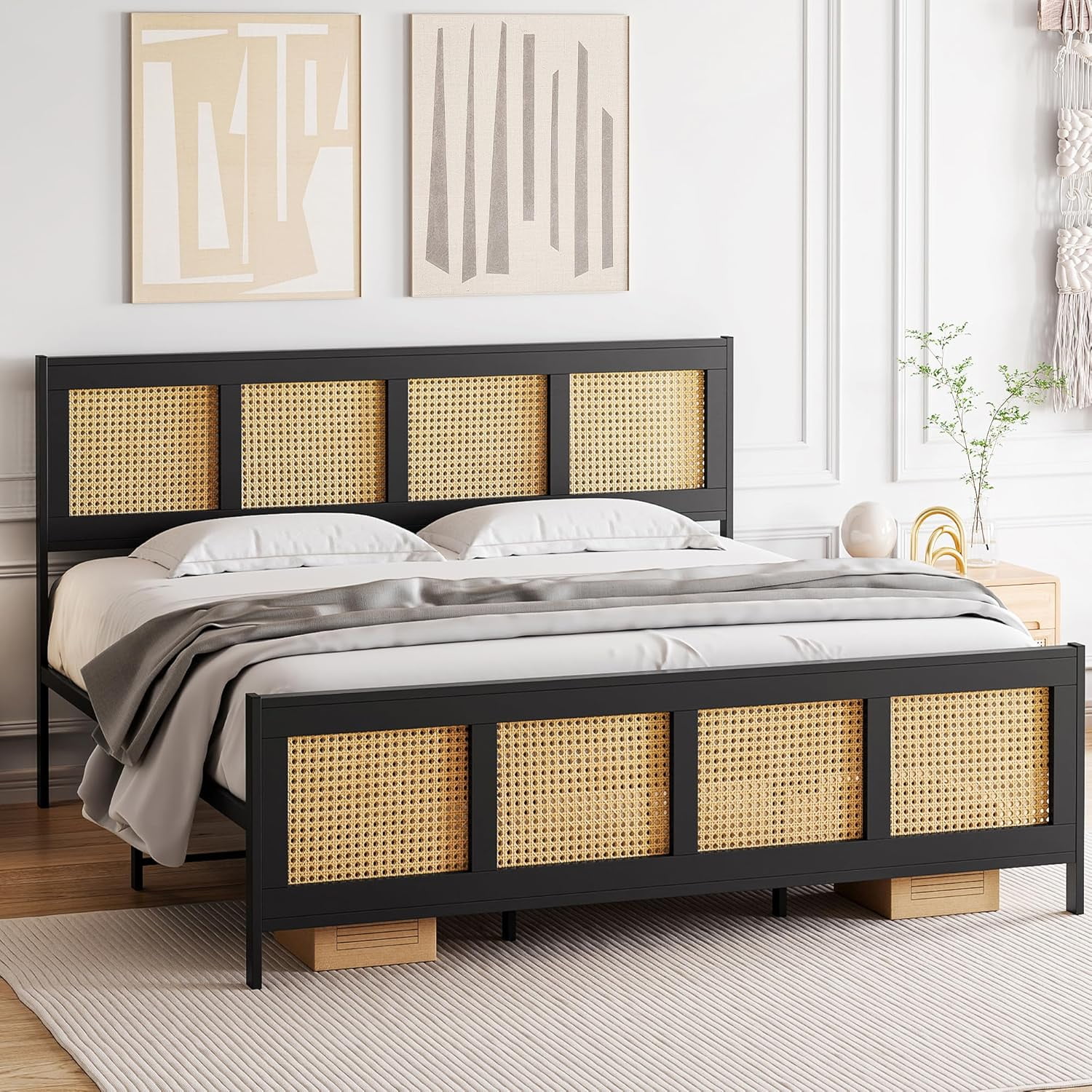 King Size Rattan Bed Frame with Headboard, Black Boho Cane Platform Bed ...