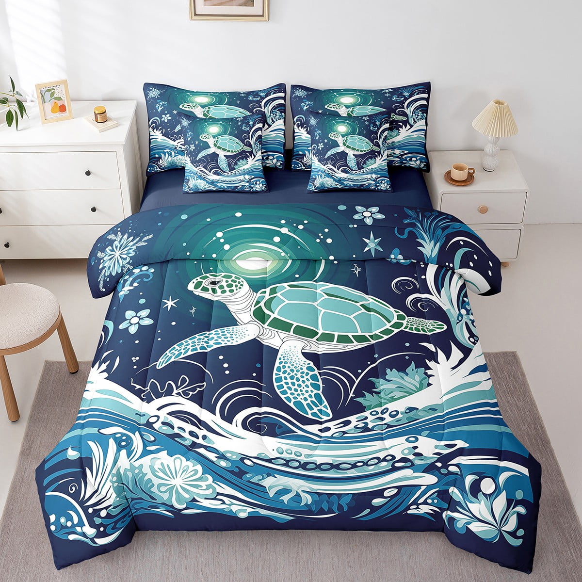King Size Sea Turtle Comforter Sets 7-Piece,Tortoise Ocean Theme Bedding Set with Sheets Bed in ...