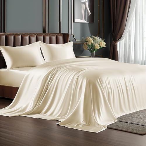 King Size Sheets Set, Luxury Soft Beige Satin Sheets for Hair and Skin ...