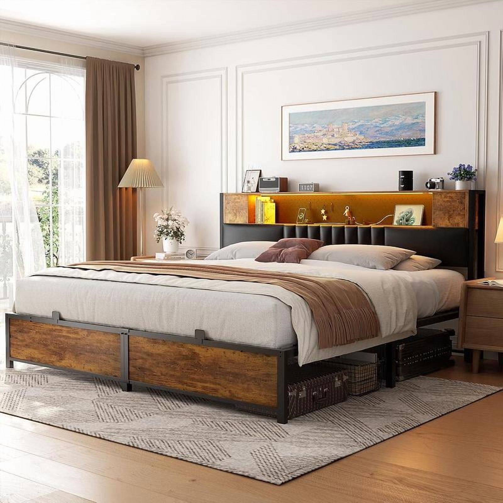 King Size Smart Bed Frame With LED Lights, Leather Upholstered ...