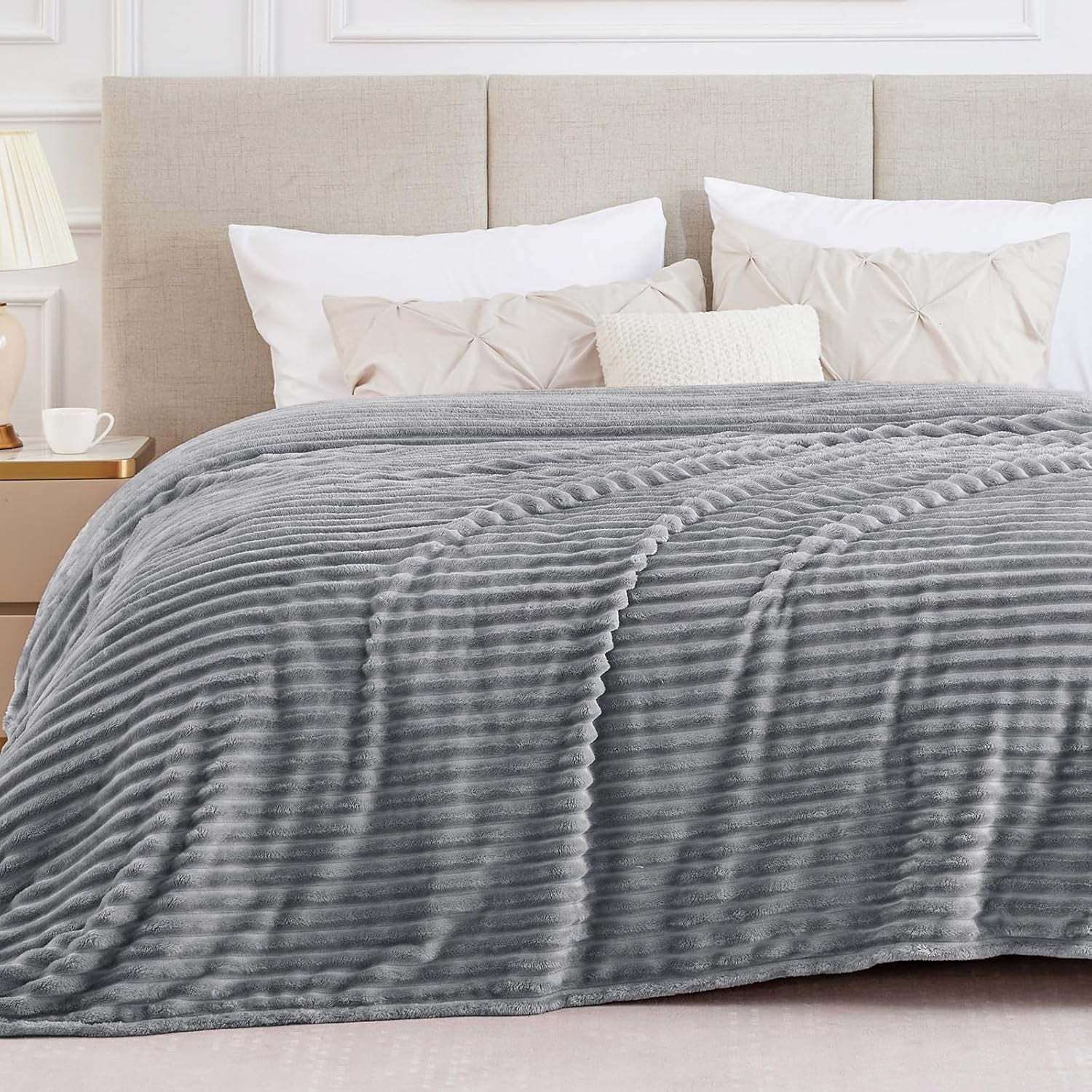 King Size Soft & Warm Fleece Blanket 300GSM, Decorative Striped Grey ...