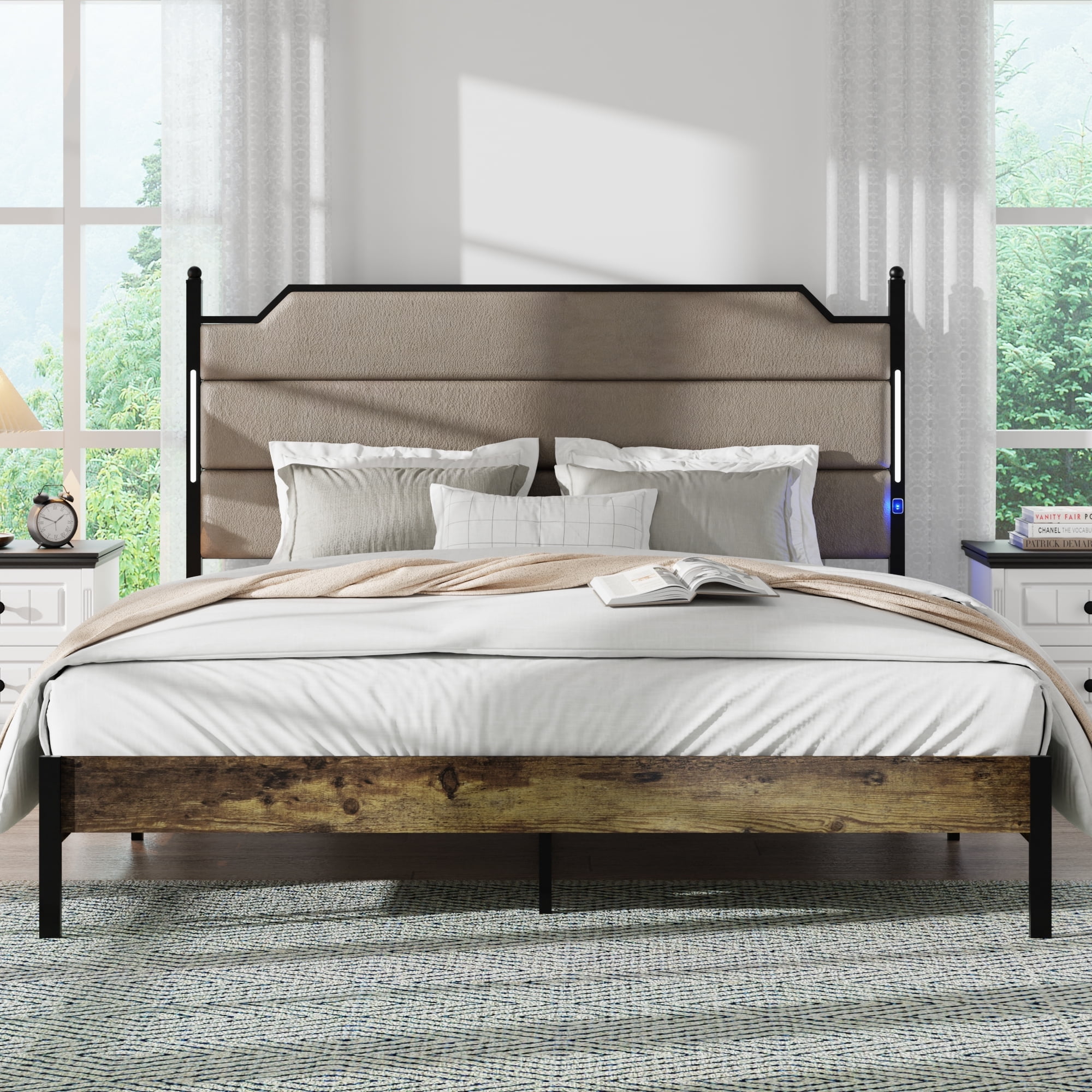 King Size Solid and Stable Bed Frame with Upholstered Headboard, Bed ...