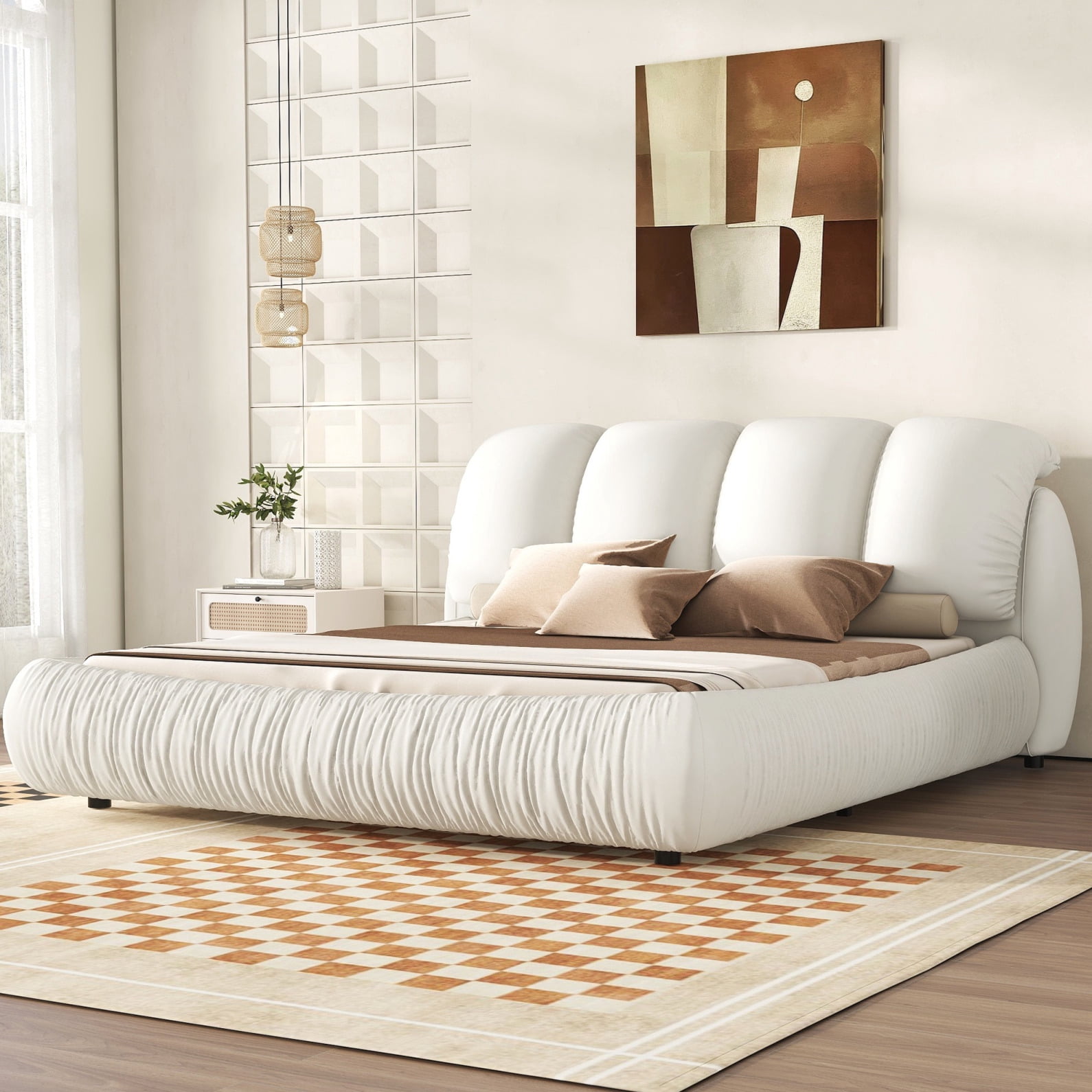 King Size Upholstered Bed, Luxury Platform Bed With Thick Headboard ...