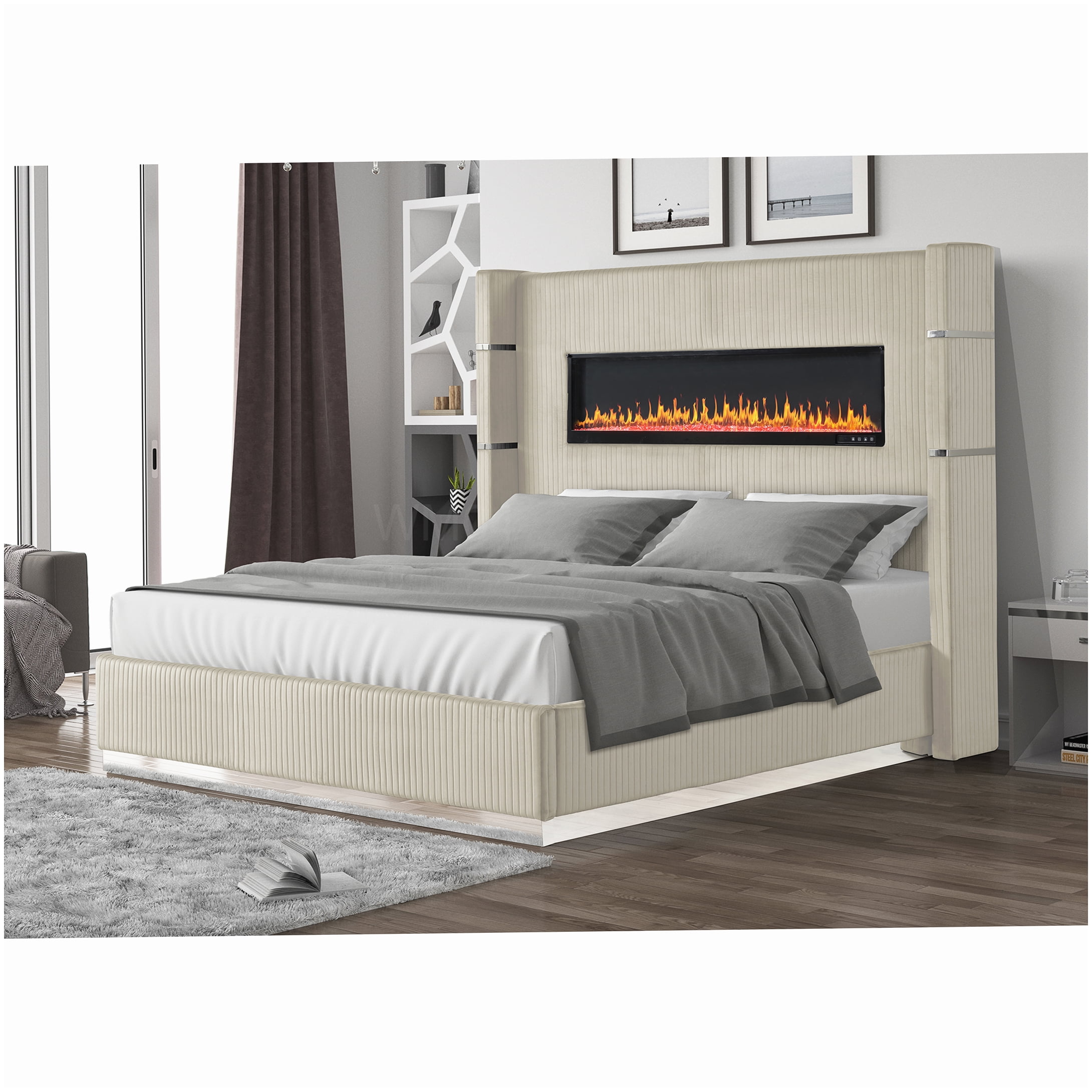 King Size Upholstered Bed with LED Fireplace, Bluetooth Sound, Beige ...