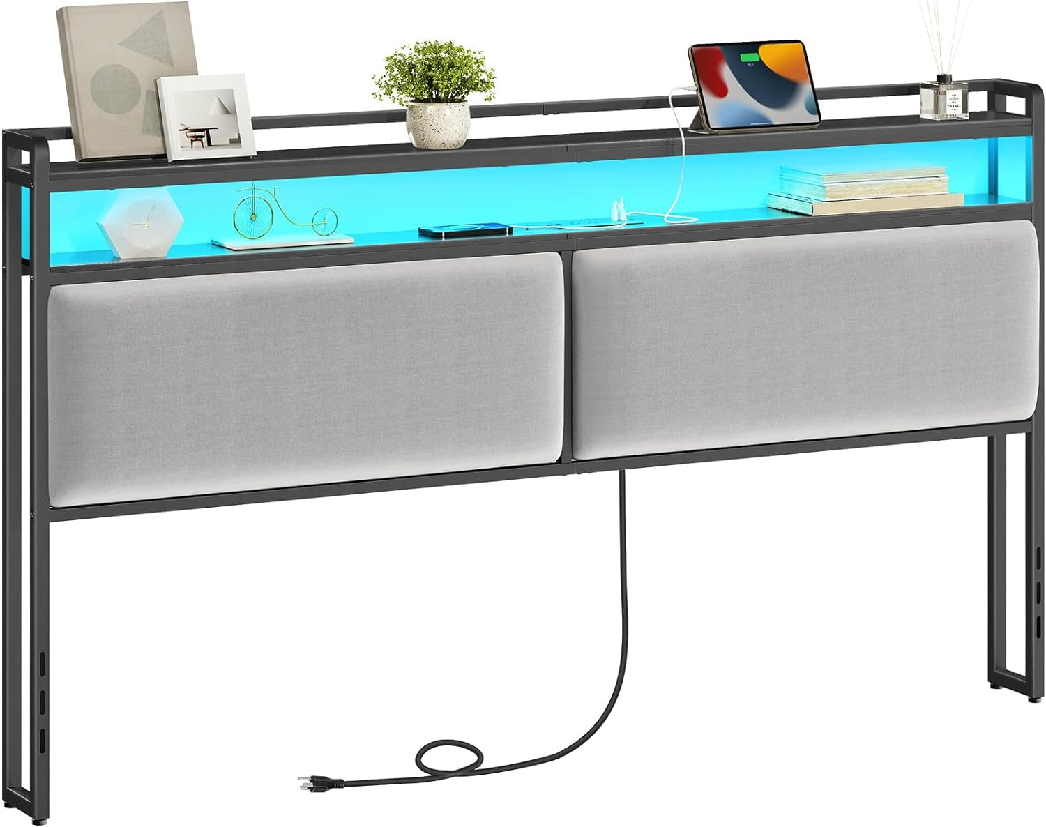 King Size Upholstered Headboard with Storage, Charging Station, and ...