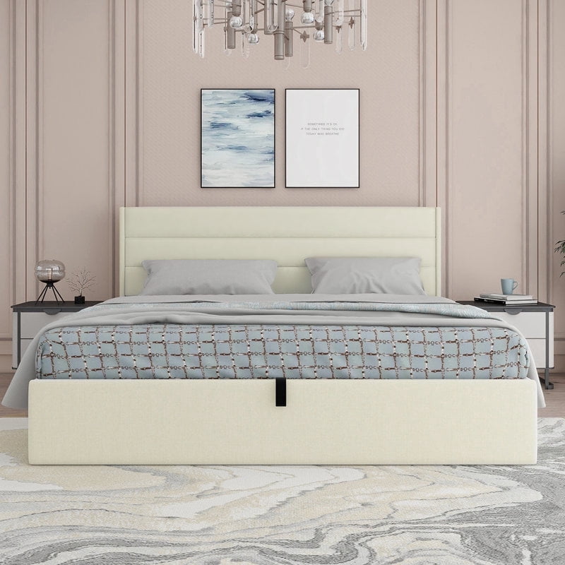 King Size Upholstered Hydraulic Lift Up Storage Platform Bed,Cream ...