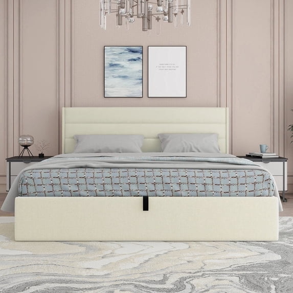 King Size Upholstered Hydraulic Lift Up Storage Platform Bed,Cream ...