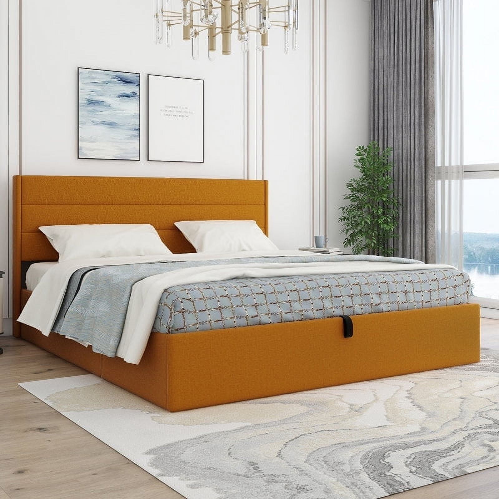 King Size Upholstered Hydraulic Lift Up Storage Platform Bed,Ochre ...