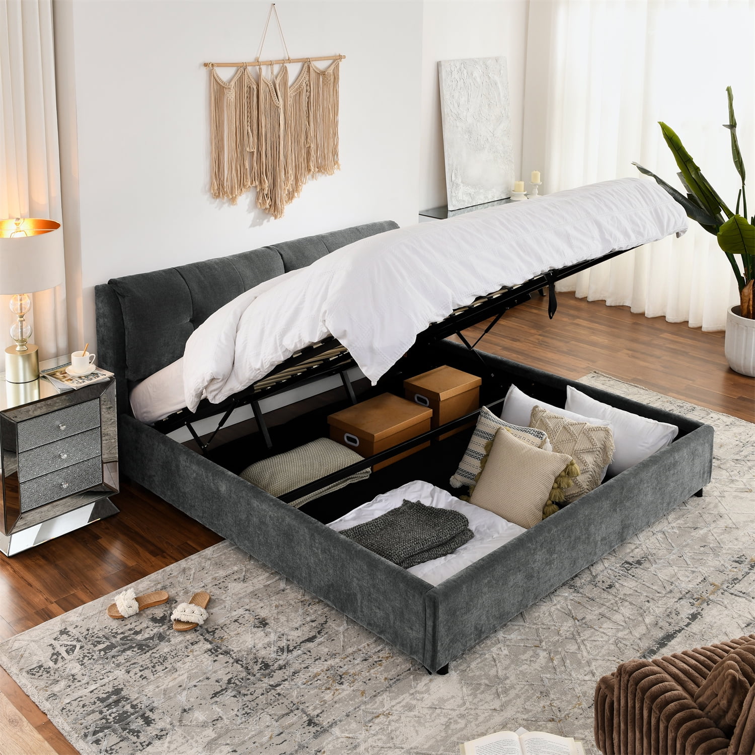 King Size Upholstered Hydraulic Platform Bed with Integrated Headboard ...