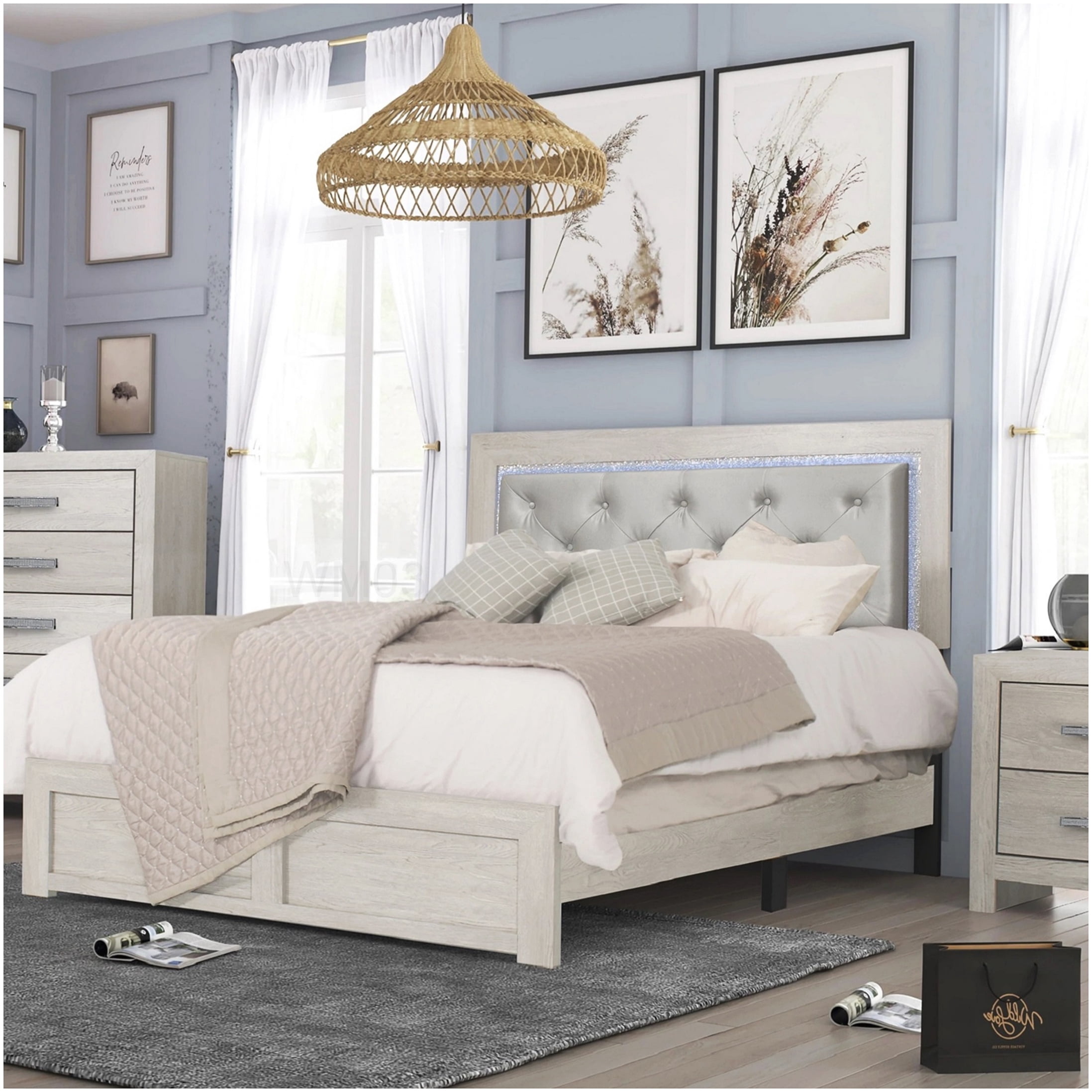 King Size Upholstered Panel Bed with LED Headboard, Beige Faux Leather ...