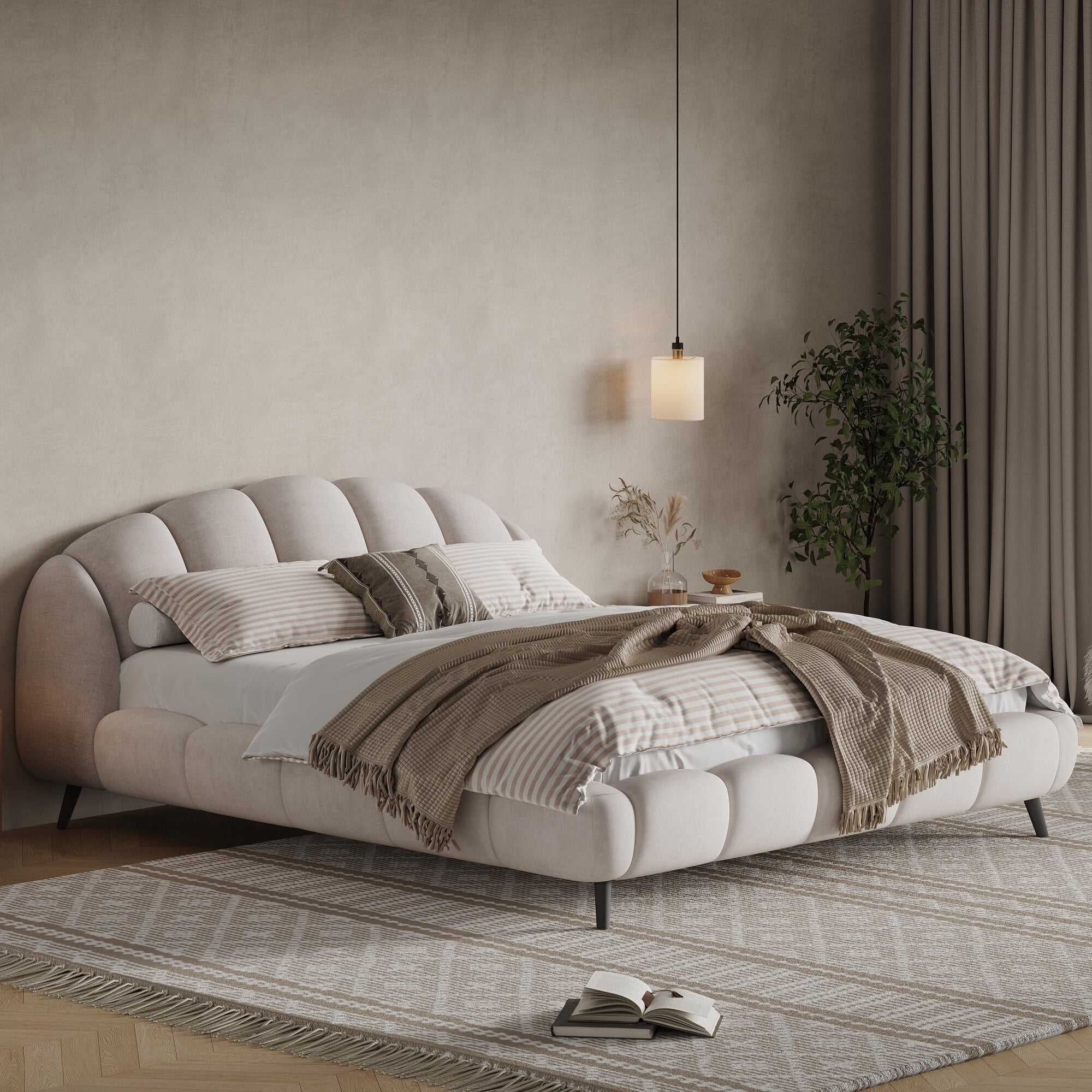 King Size Upholstered Platform Bed Chenille Thick Headboard and ...