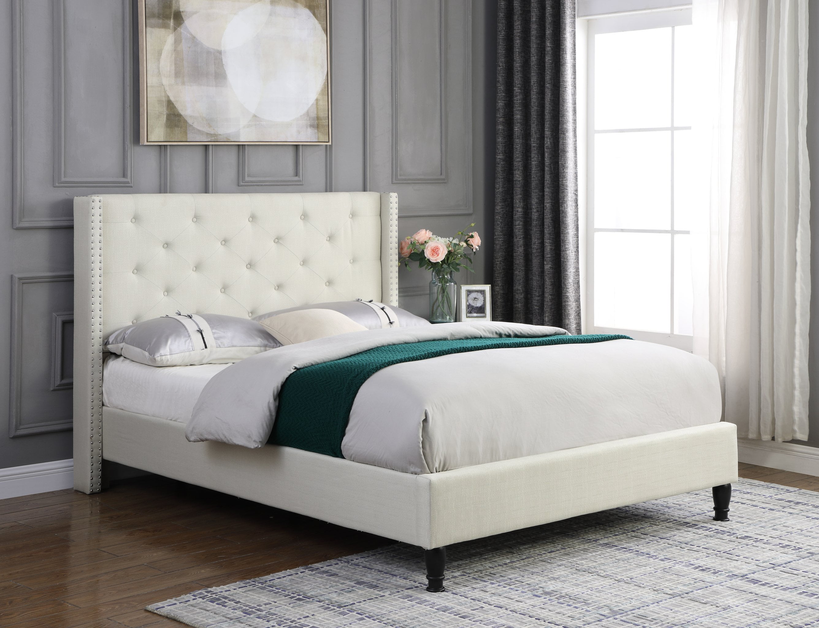 King Size Upholstered Platform Bed Frame with 51" Tall Headboard ...