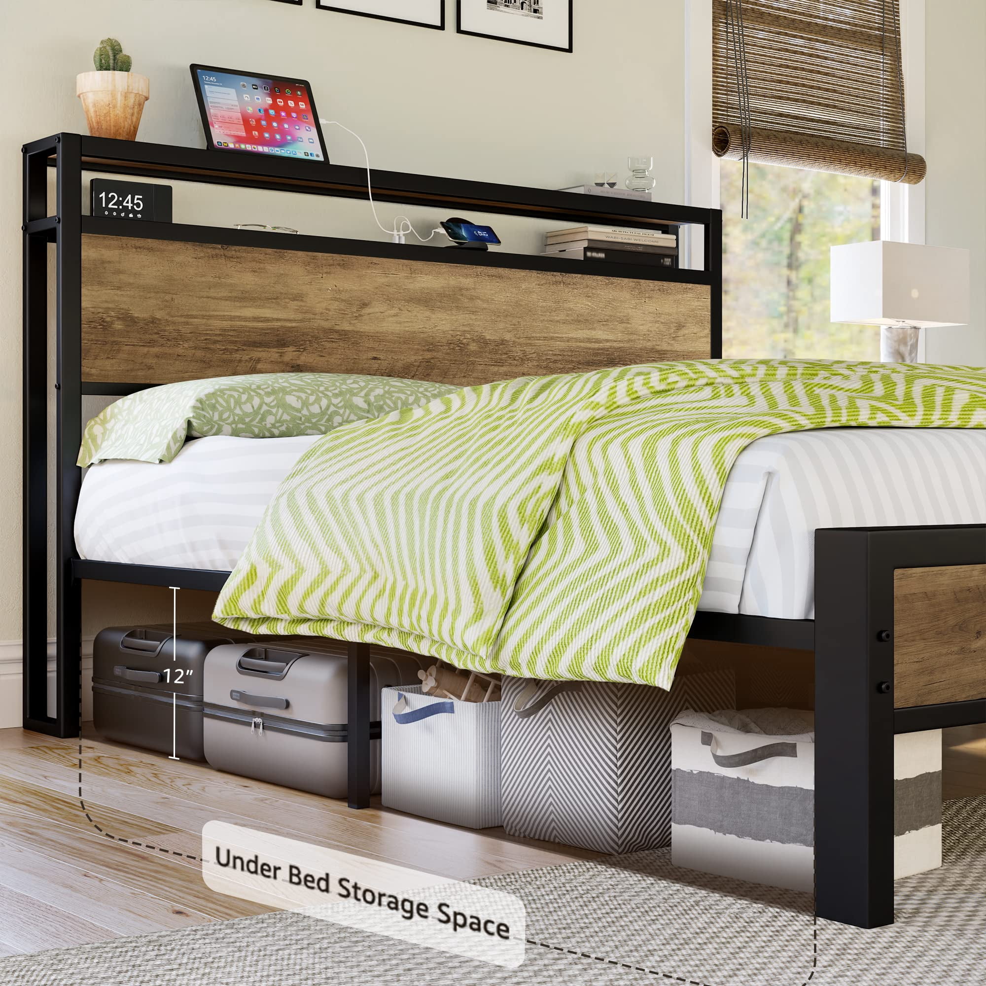 King Size Upholstered Platform Bed Frame with Wingback Headboard ...