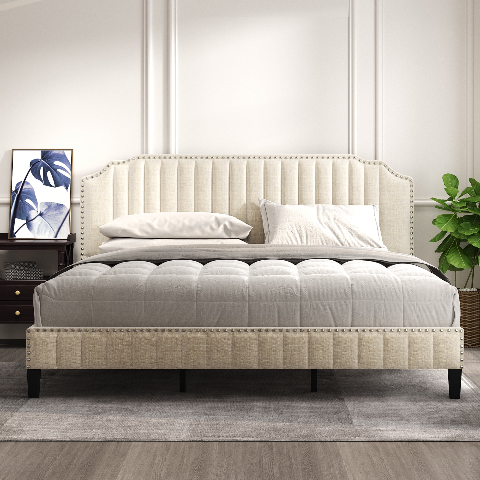 King Size Upholstered Platform Bed, Solid Wooden Bed Frame with Velvet ...