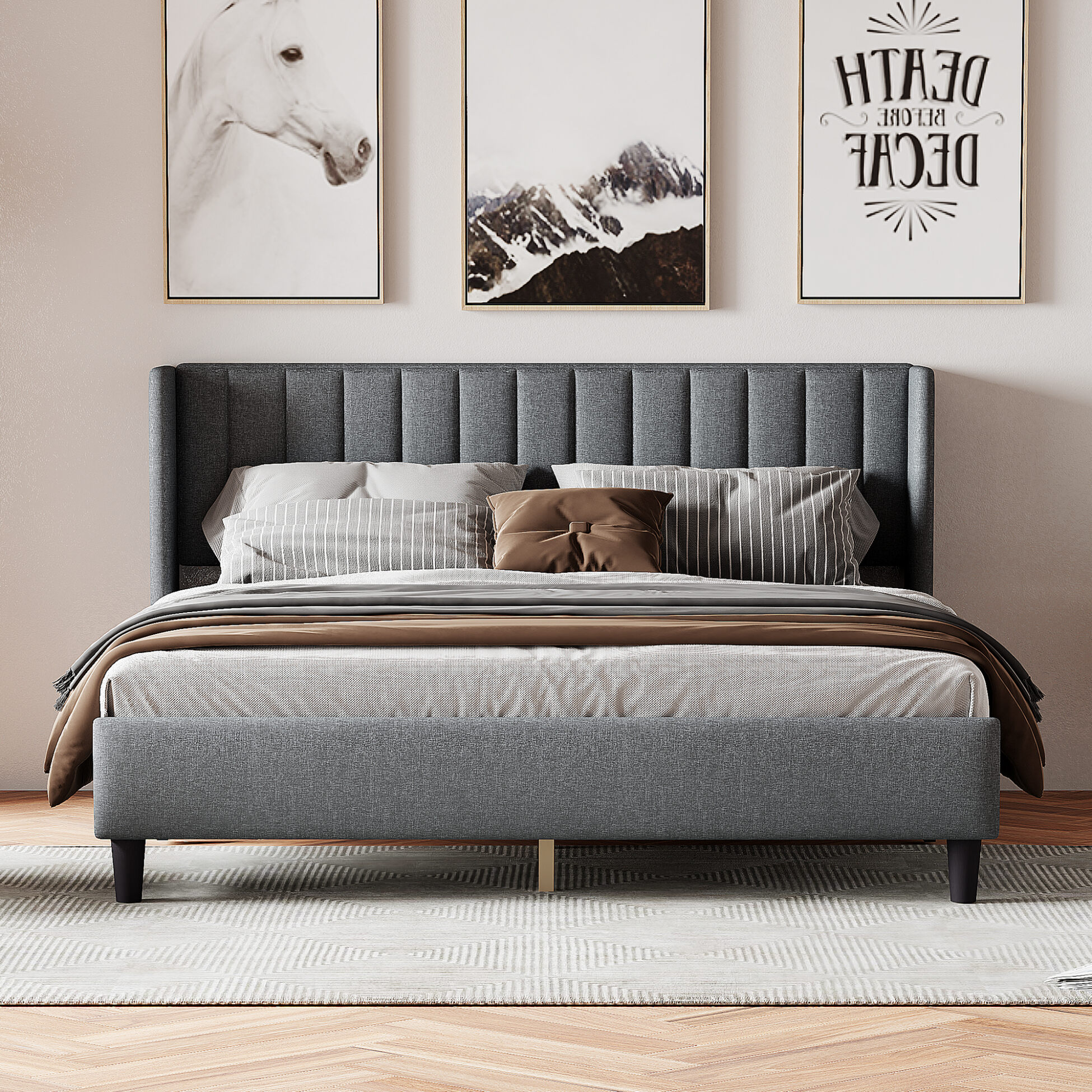 King Size Upholstered Platform Bed with Wingback Headboard, Linen ...