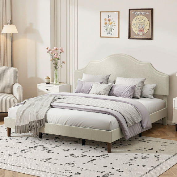 King Size Upholstered Platform Bed with Adjustable Headboard, Linen ...