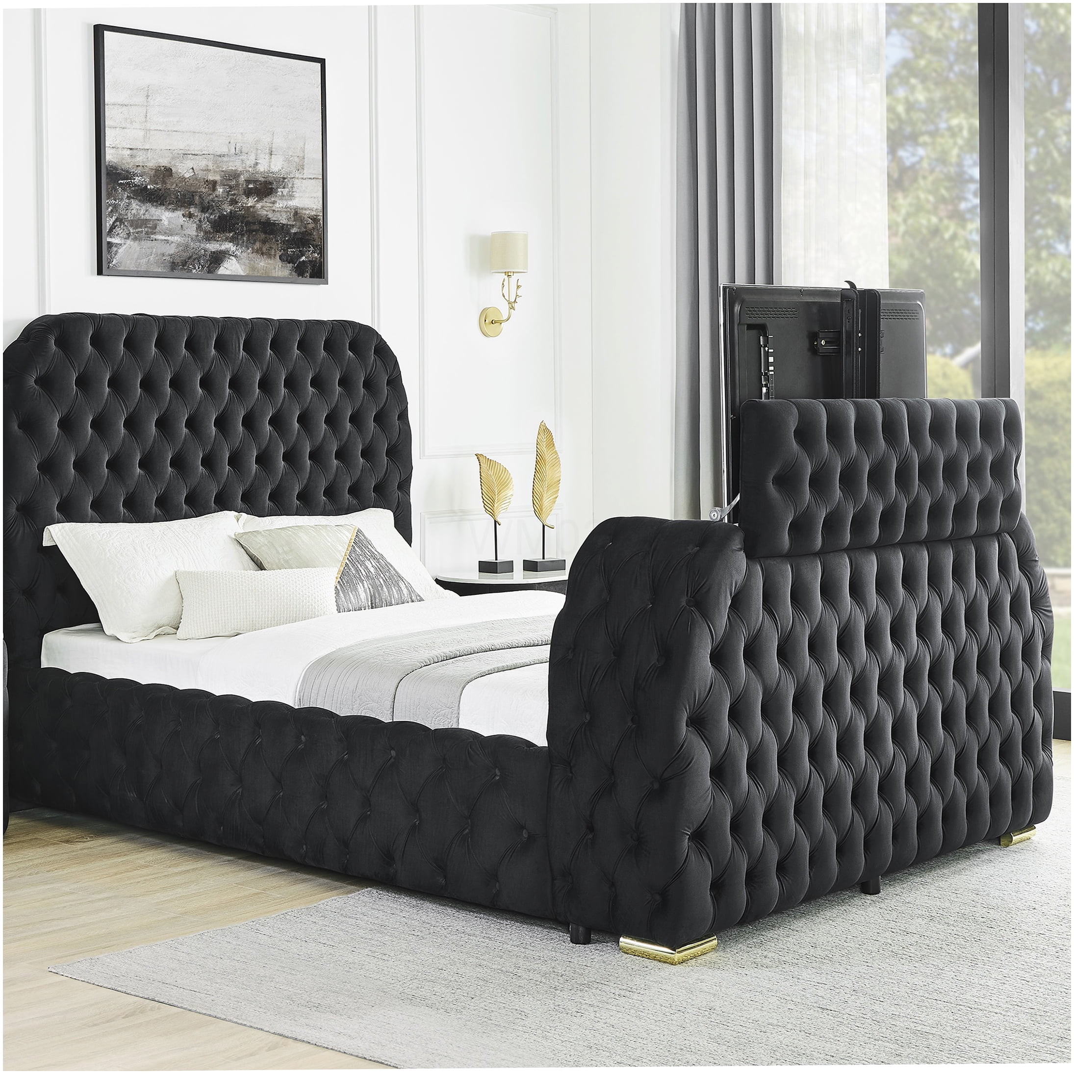 King Size Upholstered Platform Bed with Electric Fireplace and TV Lift ...