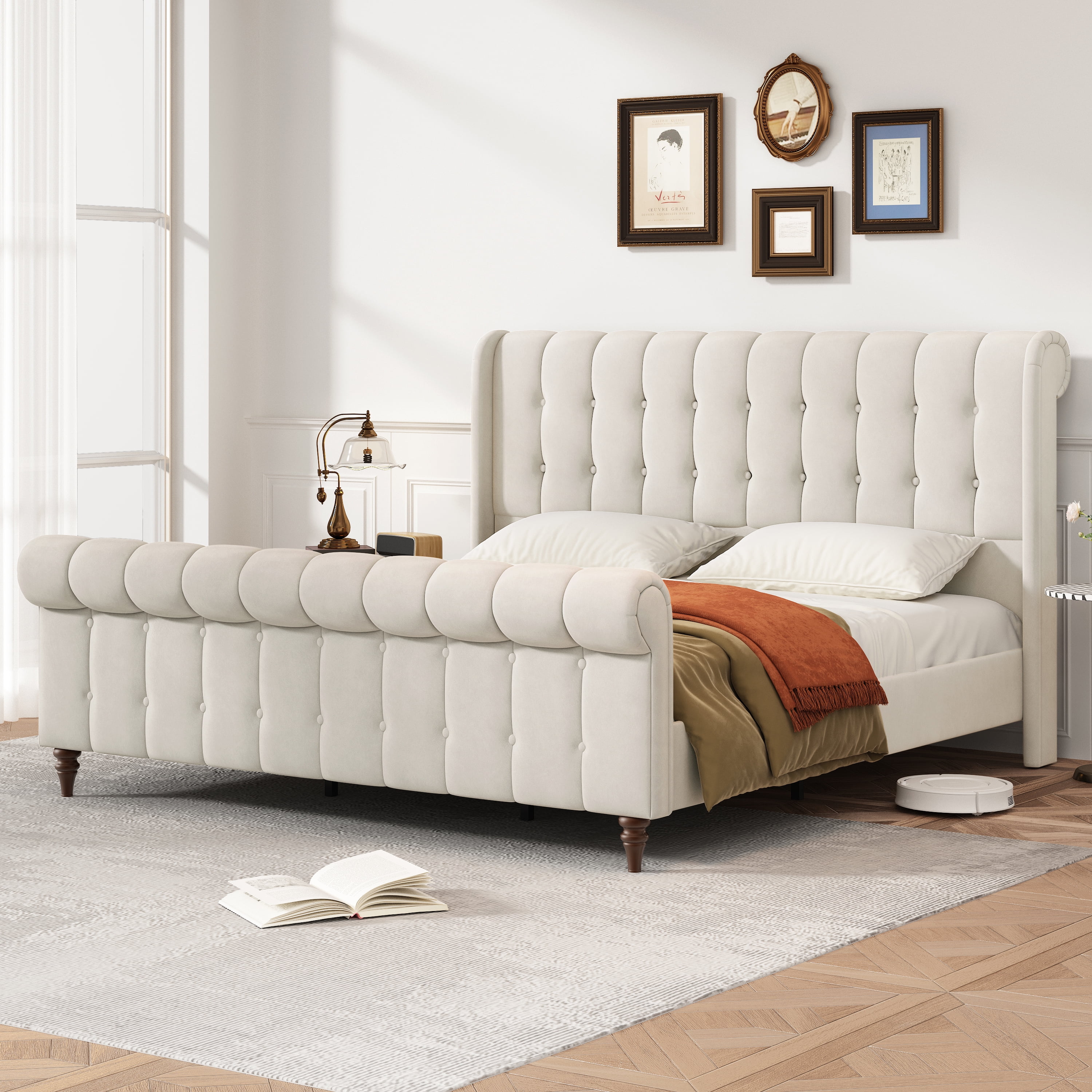 King Size Upholstered Platform Sleigh Bed Frame, Velvet Upholstered ...