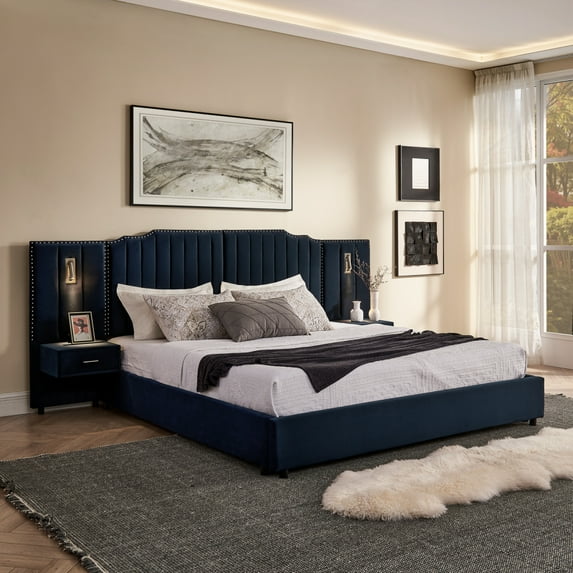 King Size Velvet Upholstered Bed Frame - Vertical Stripe Button Design ...