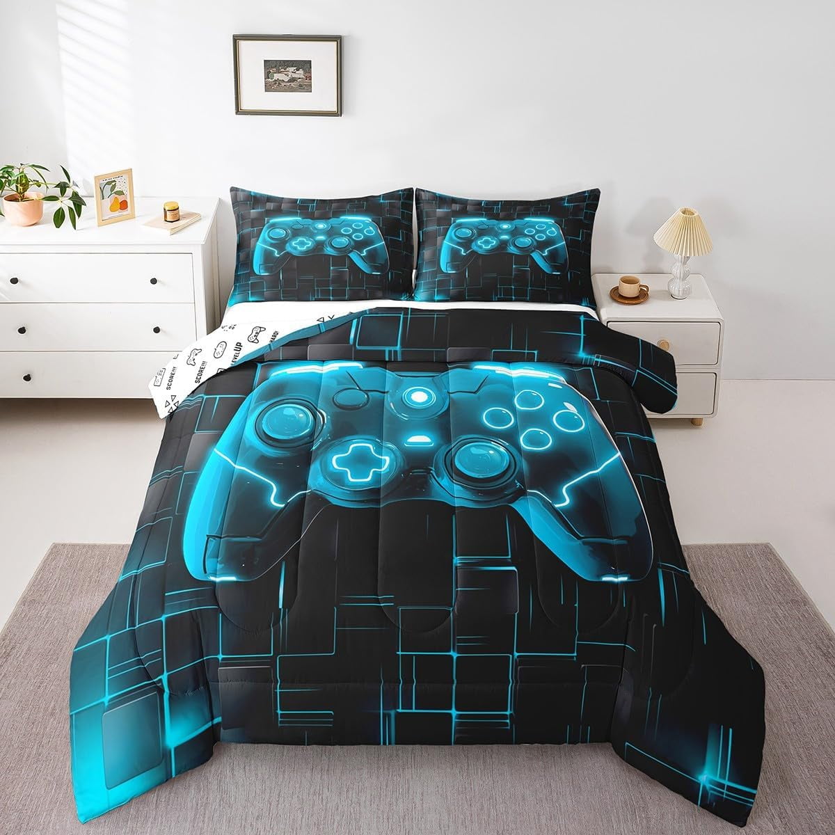 King Size Video Games Kids Comforter Set, Black Blue Grid Gaming Down ...