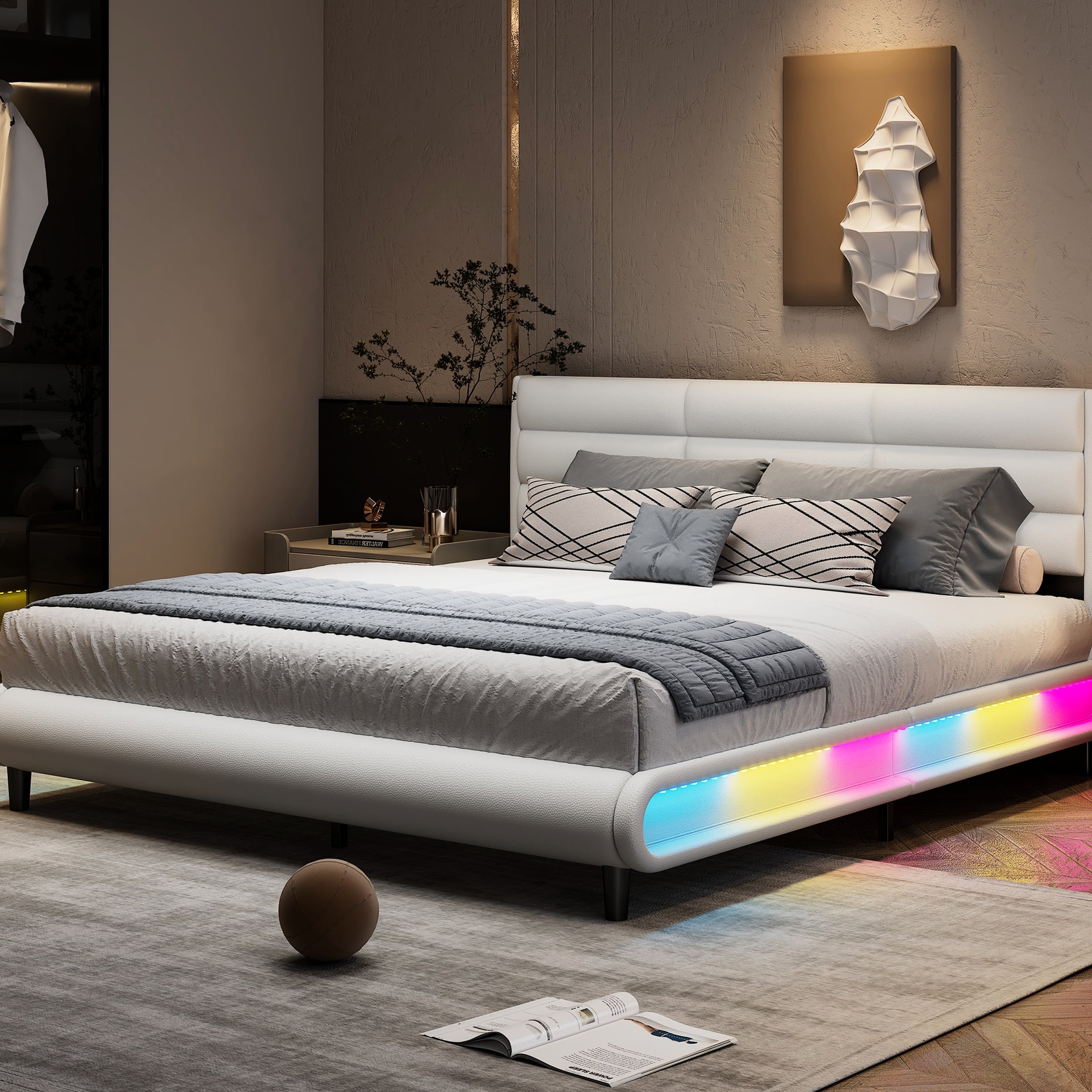 King Size White Bed With Led Strips - Upholstered Construction Strip ...