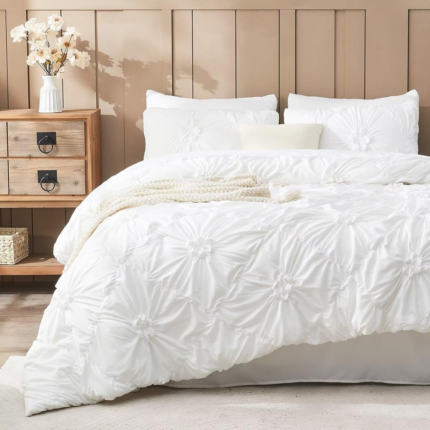 King Size White Comforter Set - 7 Piece Bed in a Bag with Pinch Pleat ...