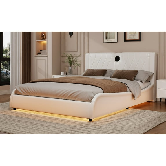King Size White Faux Leather Bed | RGB LED Lights Create Atmosphere ...