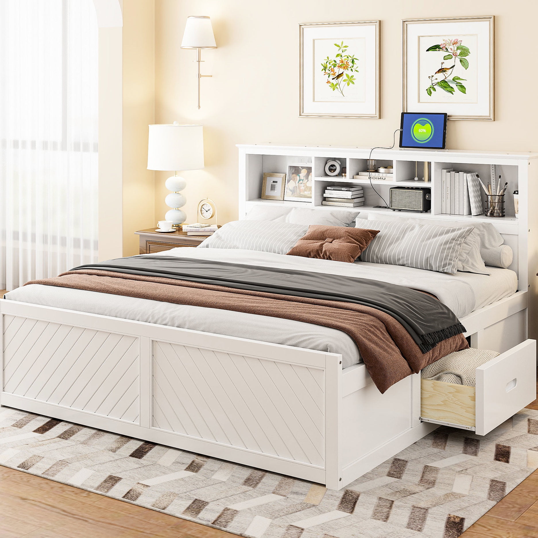King Size Wood Bed | Open Compartments & Wood Slats | Bedroom ...