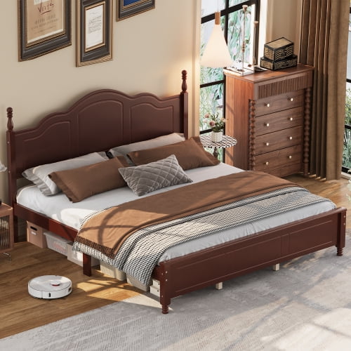 King Size Wood Platform Bed Frame, Retro Style Wooden Bed with Slat ...